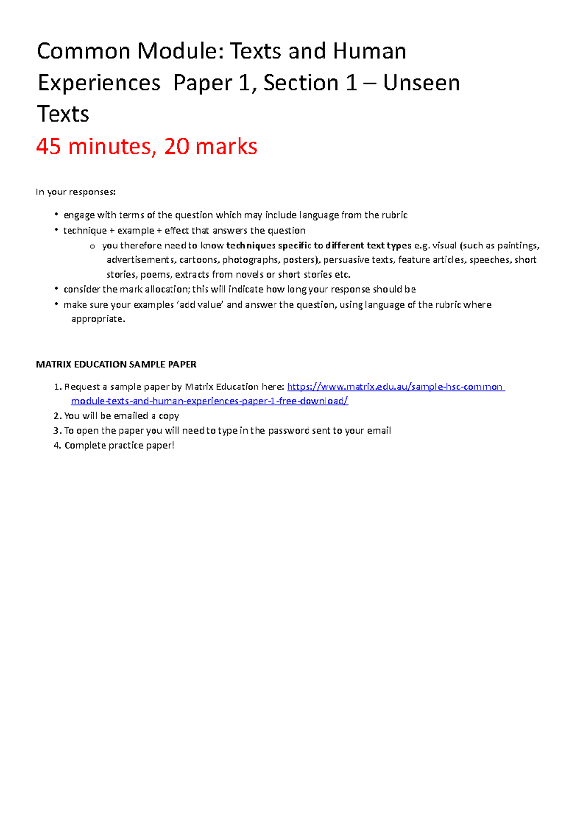 01 Texts and Human Experiences Unseen Texts Reading Practice - Common ...