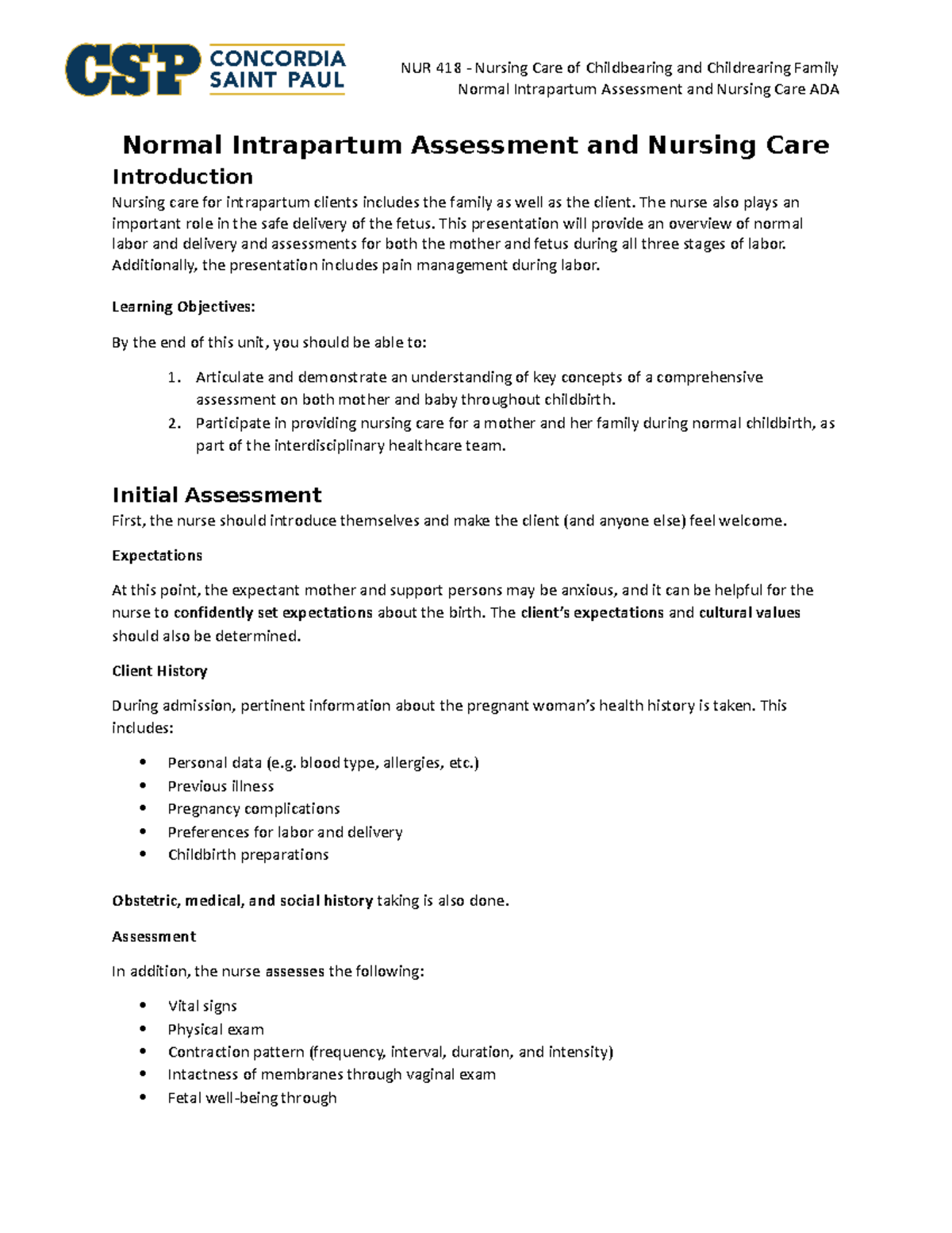 PP Normal Intrapartum Assessment and Nursing Care ADA - Normal ...