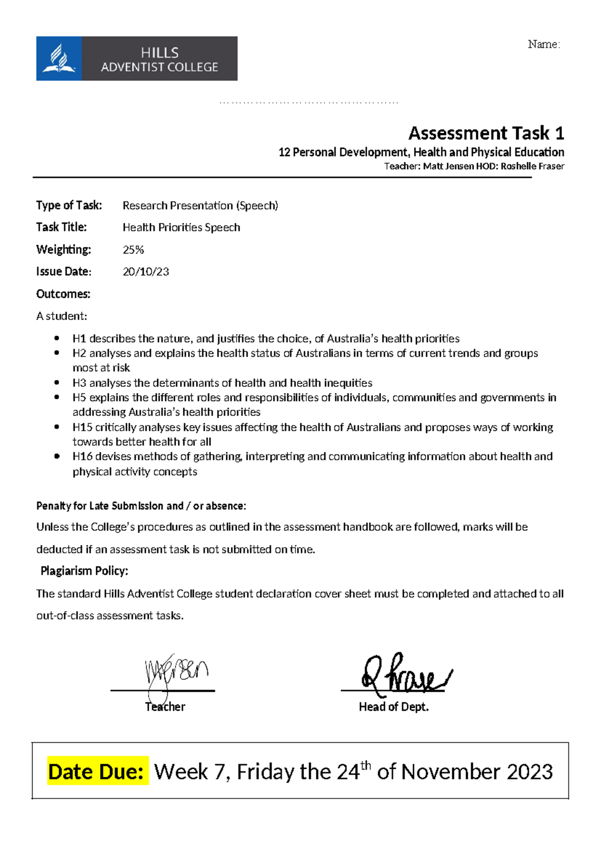 2023&2024 Task 1 - HSC Pdhpe - Health Priorities - Name: - Studocu