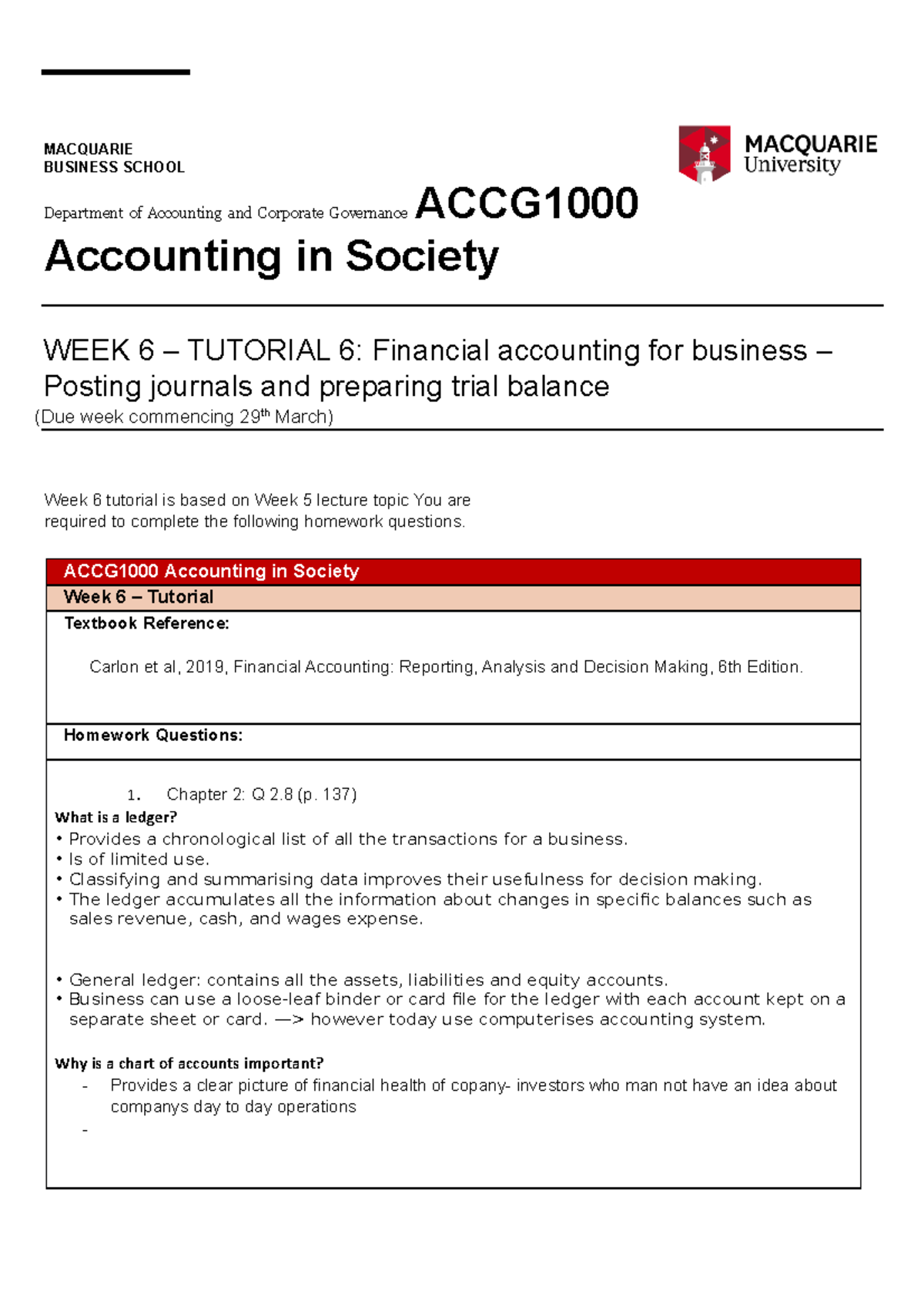 ACCG 1000 S1 2021 Week 6 tutorial questions - MACQUARIE BUSINESS SCHOOL Department of Accounting ...