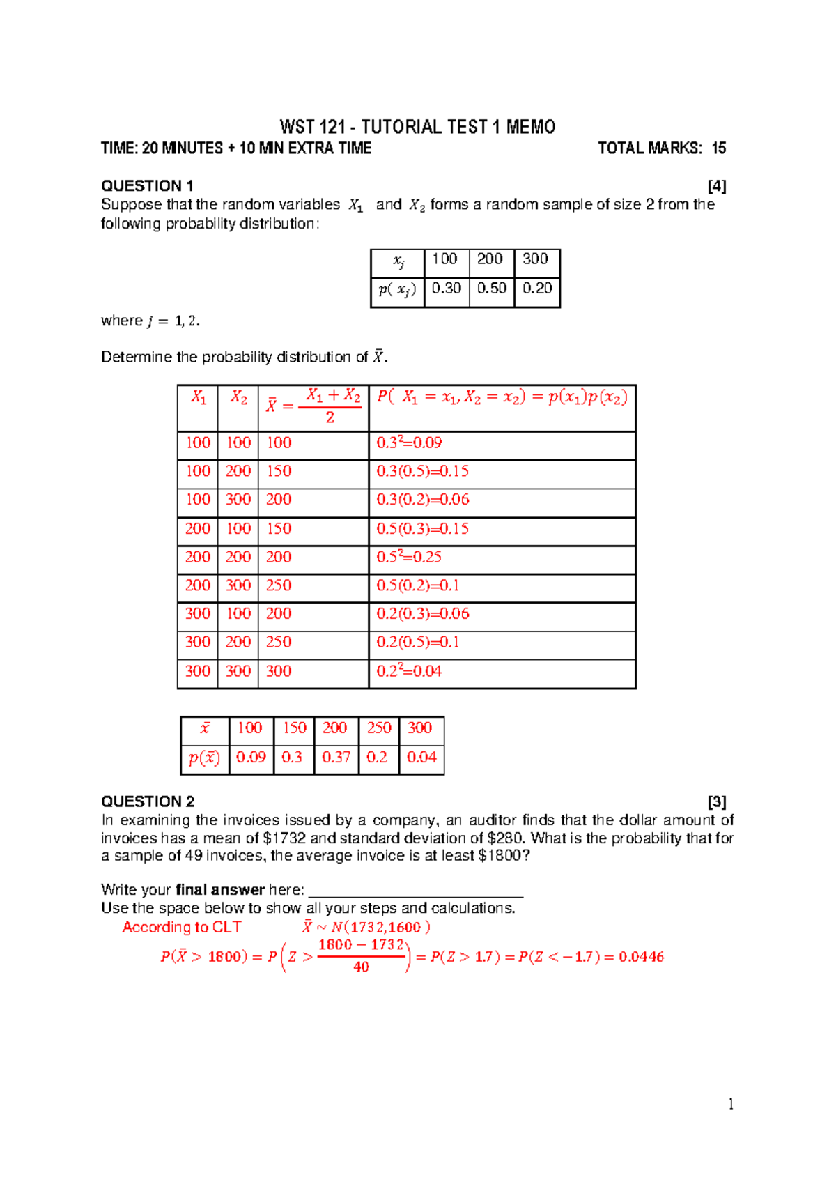 WST 121 Tutorial test 1 2024 v1 MEMO updated - 1 WST 121 - TUTORIAL ...