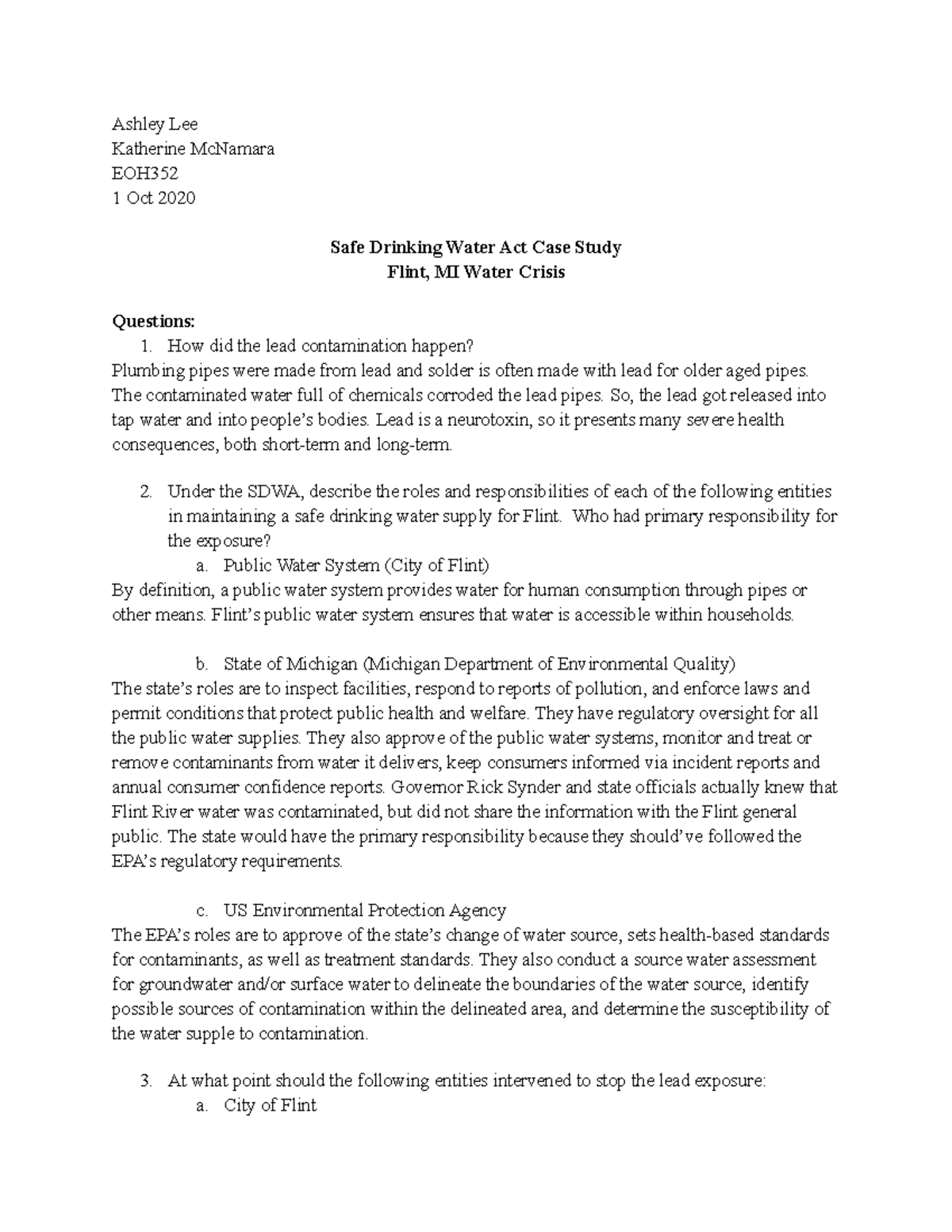 Flint water crisis case study - Ashley Lee Katherine McNamara EOH 1 Oct ...