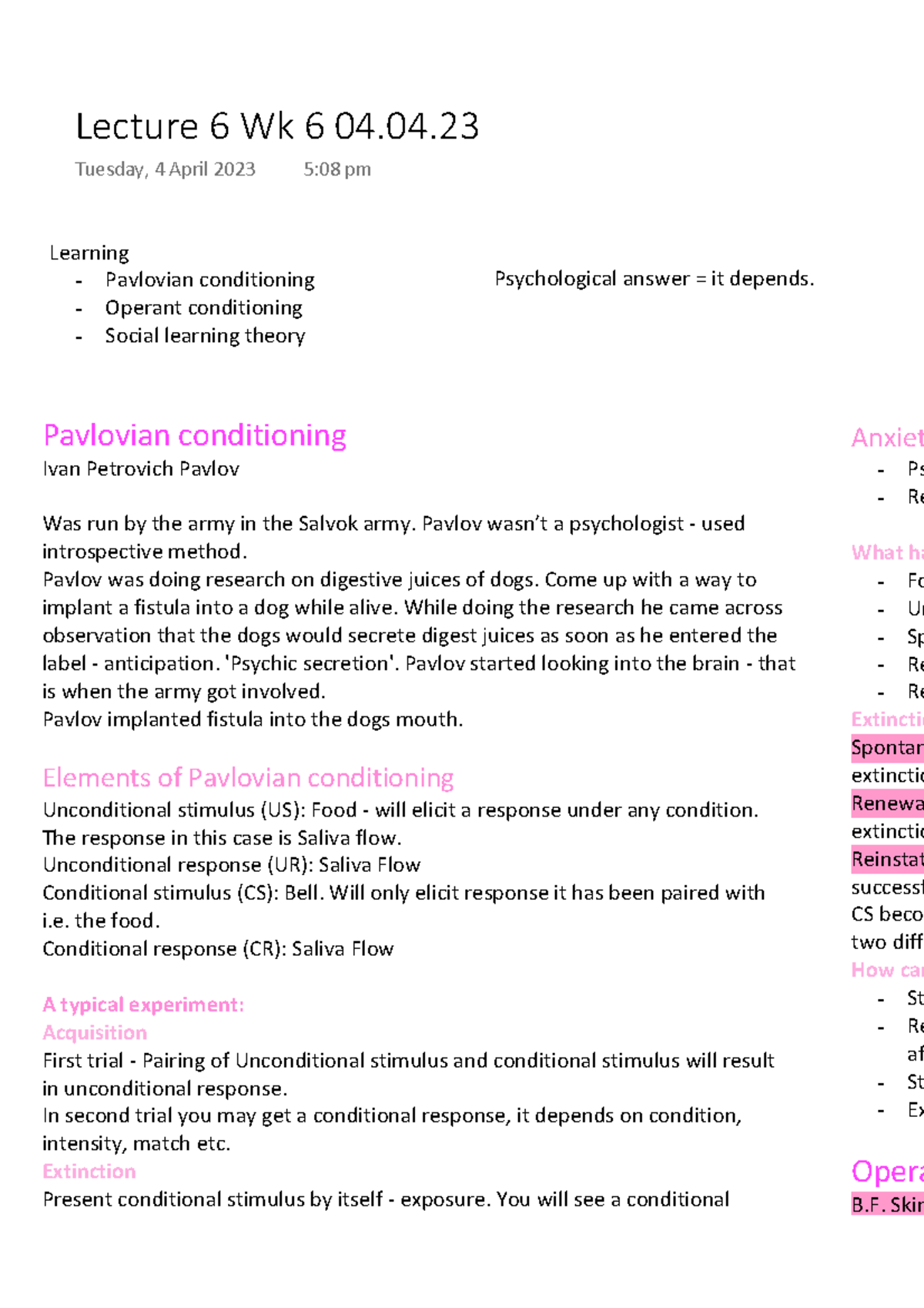 Pavlovian Conditioning - Learning Pavlovian conditioning Operant ...