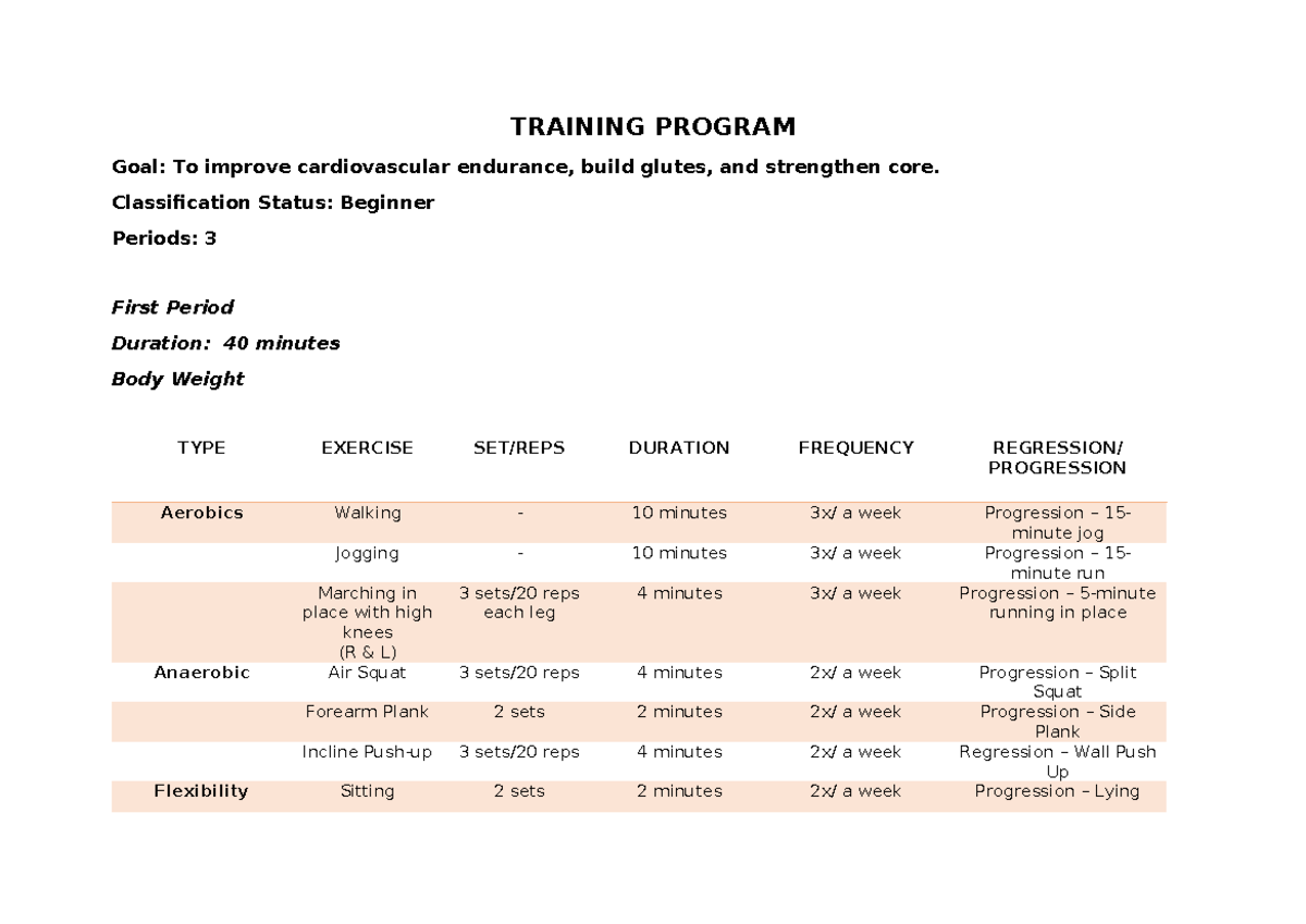 Training Program - TRAINING PROGRAM Goal: To improve cardiovascular ...