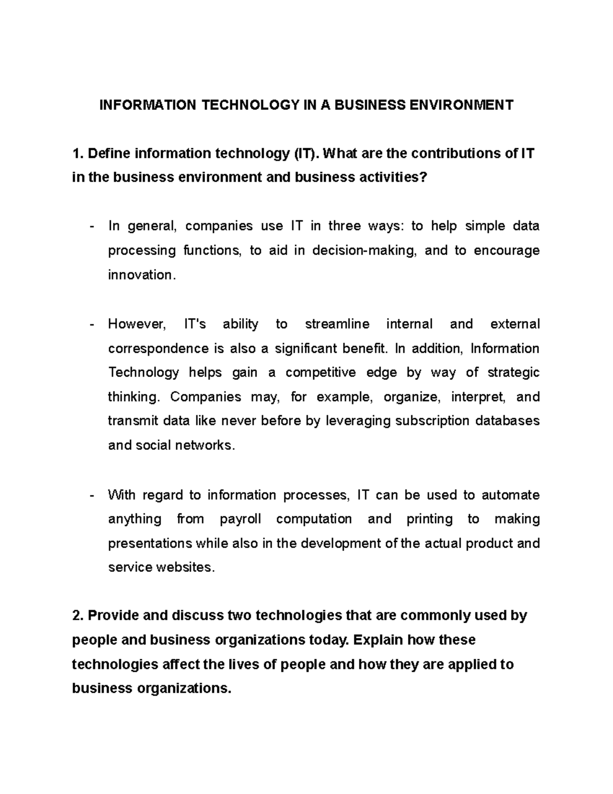 IT Business Environment - INFORMATION TECHNOLOGY IN A BUSINESS ...