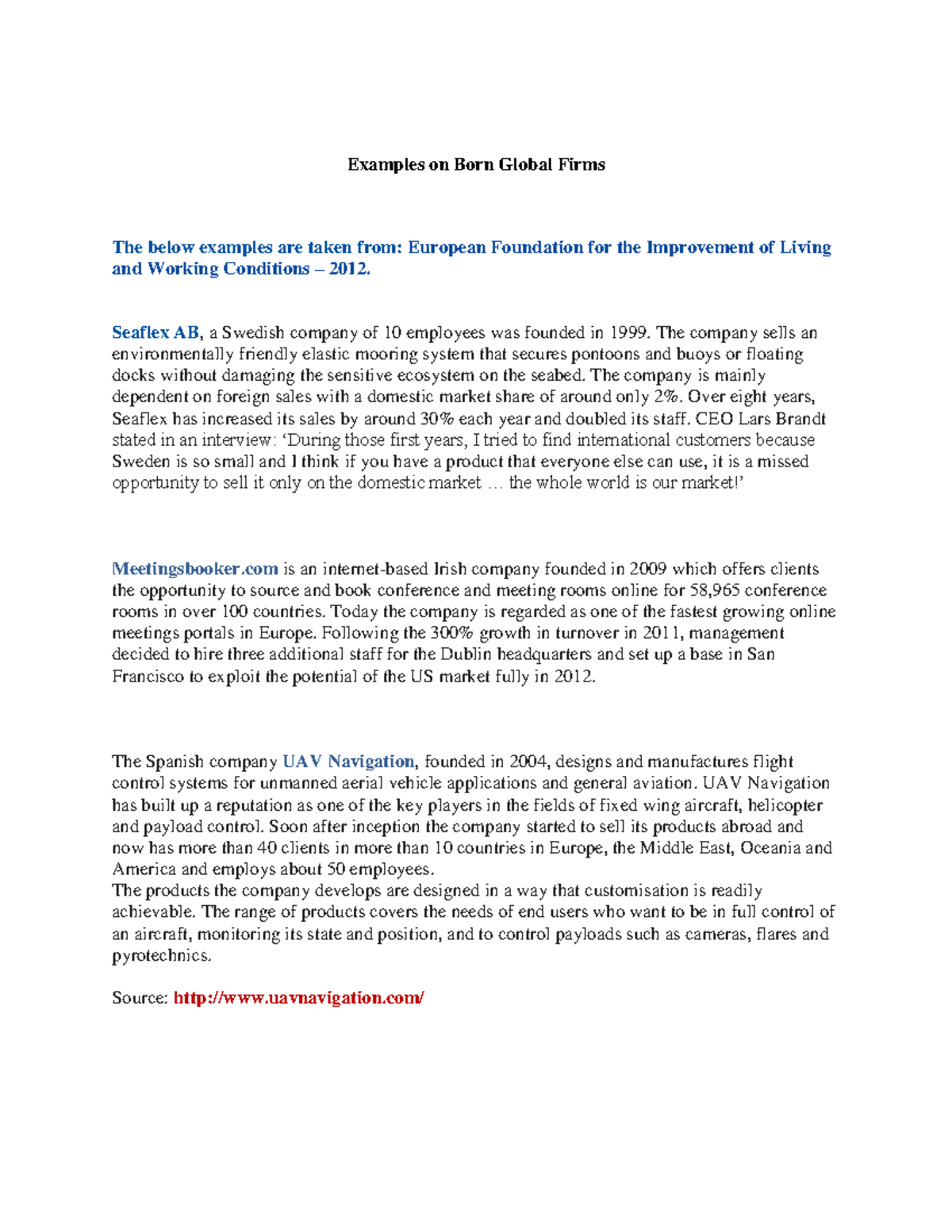 Tutorial - Examples on Born Global Firms - BA3150 - London - Studocu