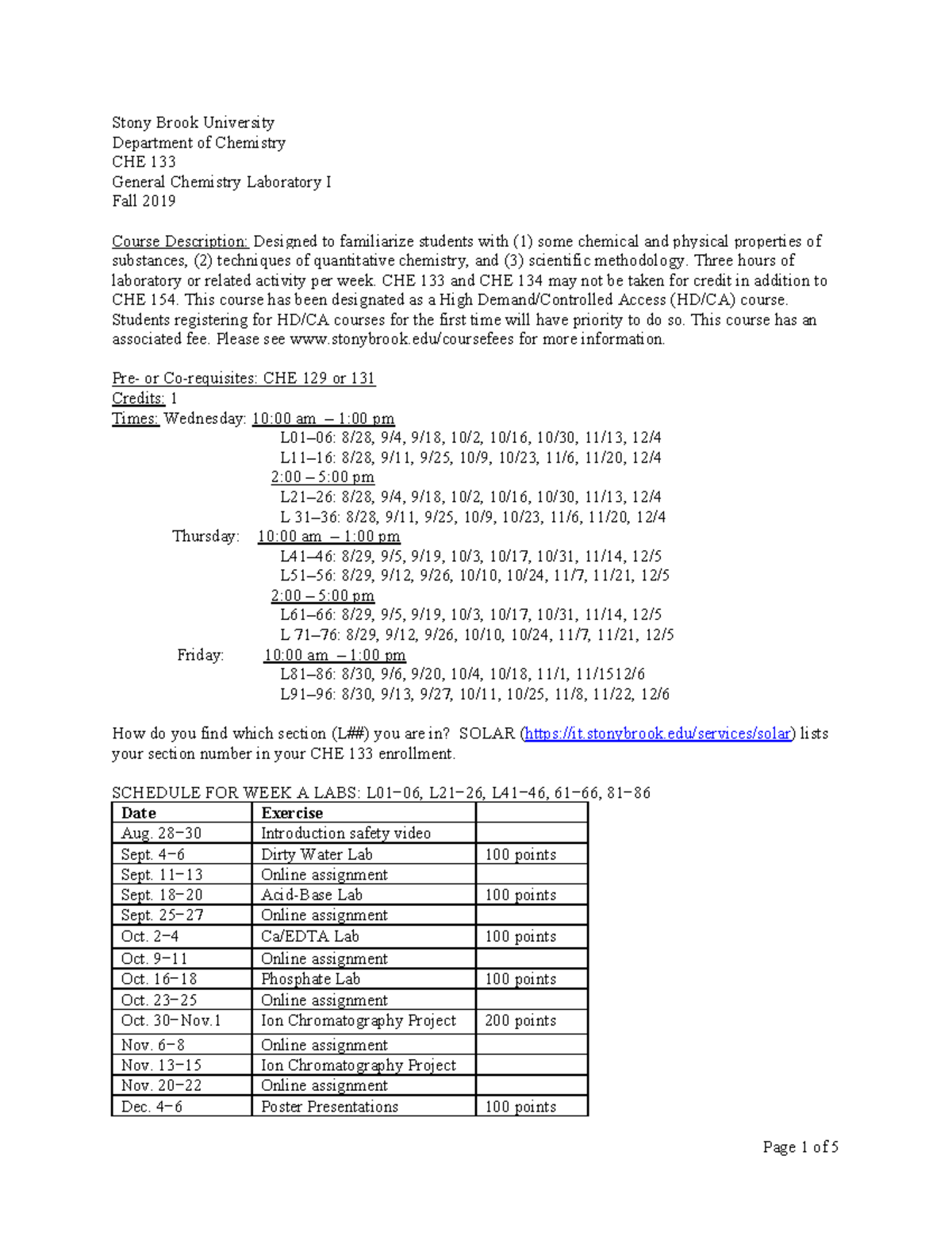 CHE 133 Syllabus - Stony Brook University Department of Chemistry CHE ...