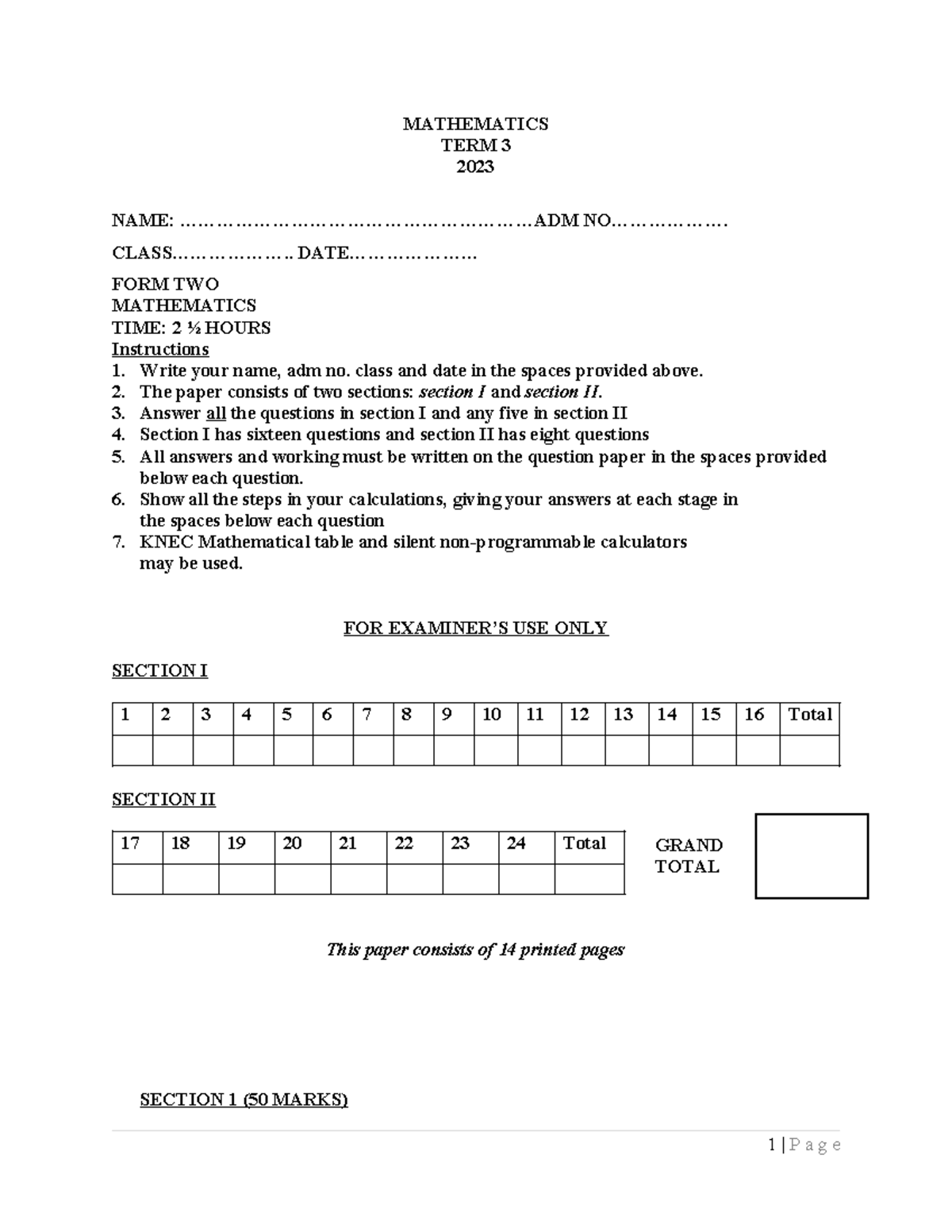 FORM-2-2023-END-T3- Maths-QS Teacher - MATHEMATICS TERM 3 2023 NAME ...