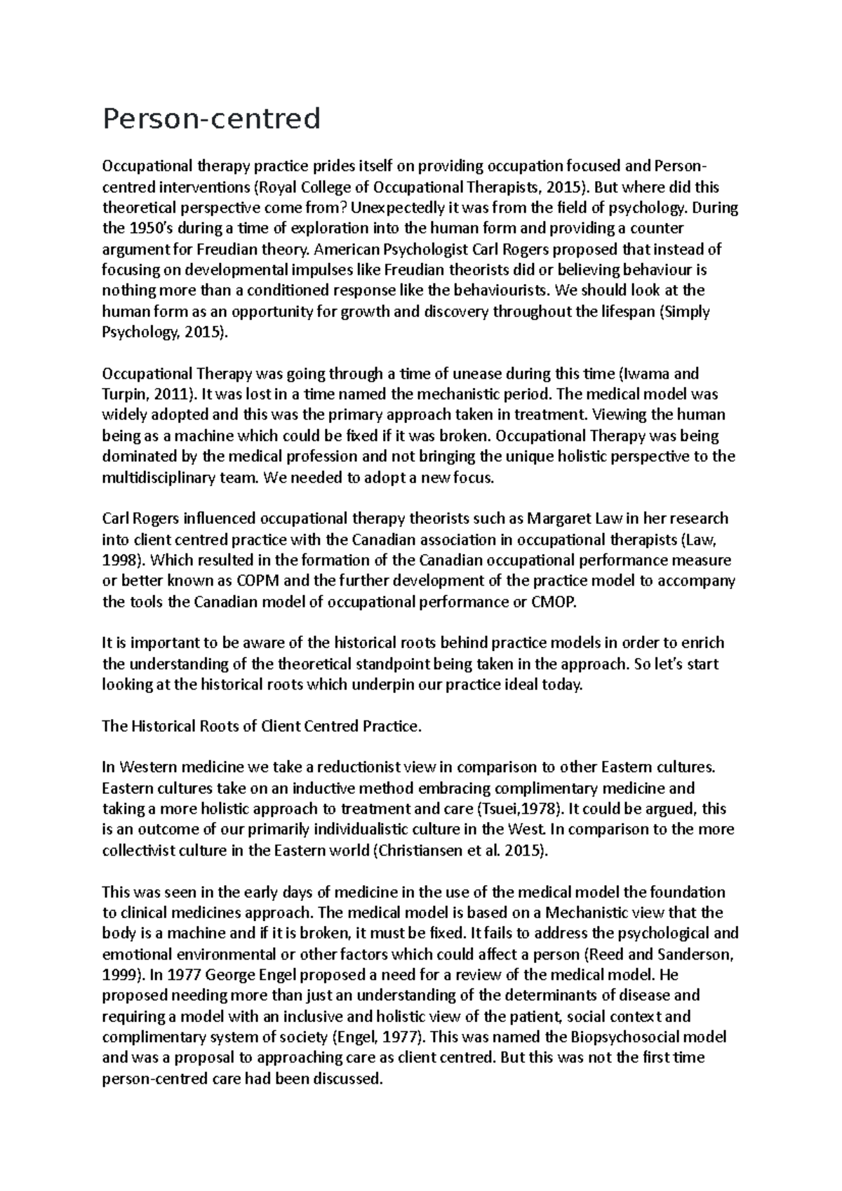 Person Centered Approach Essay 1 - Person-centred Occupational therapy ...