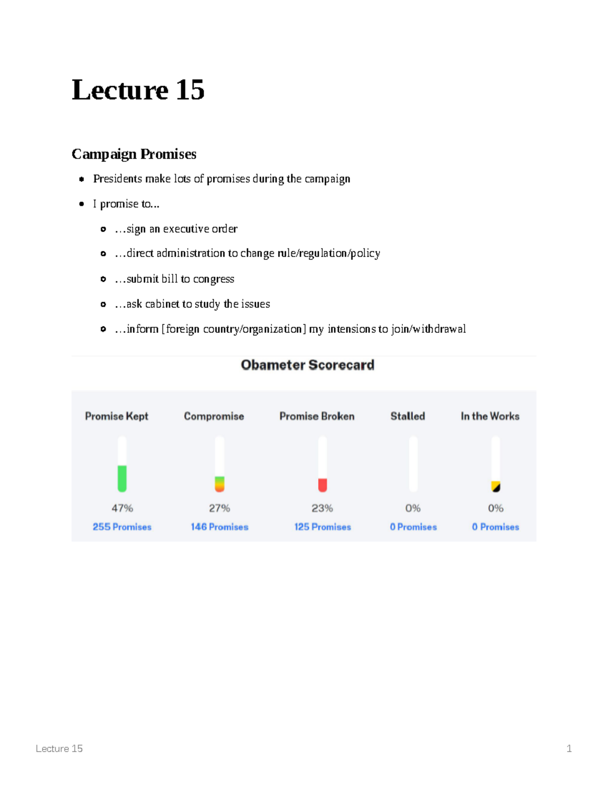 Lecture 15 - Cameron Dehart - Lecture 15 Campaign Promises Presidents ...