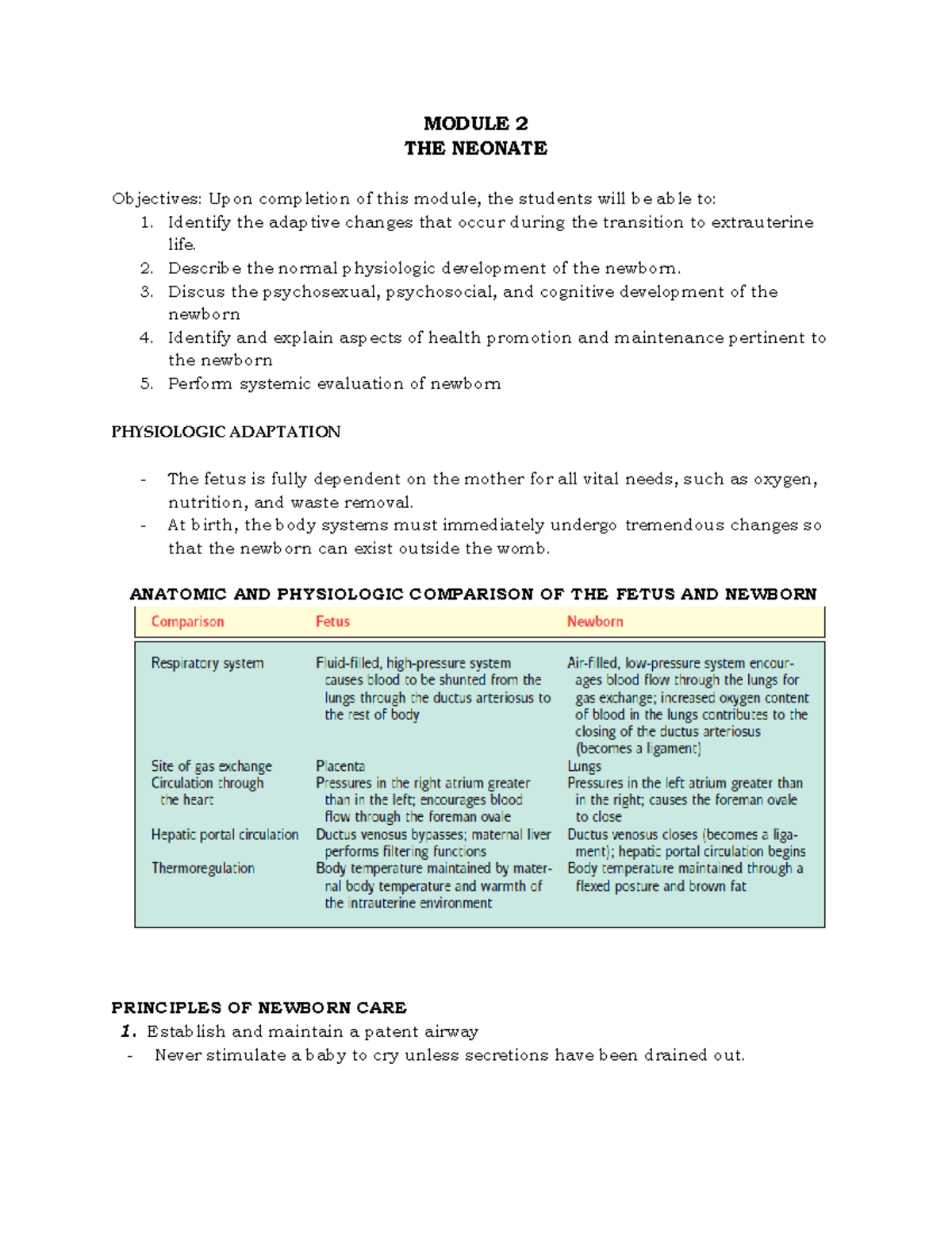 Pediatrics - The Neonate Module 2 Reviewer - MODULE 2 THE NEONATE Objectives: Upon completion of ...