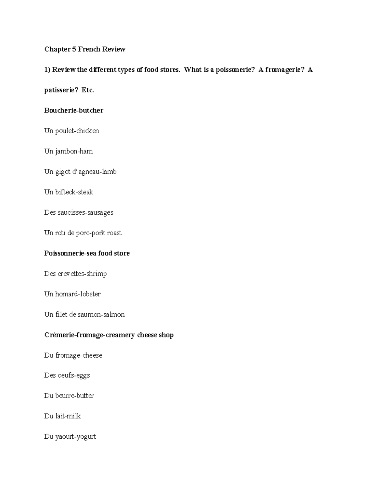 Chapter 5 - Chapter 5 French Review Review the different types of food ...