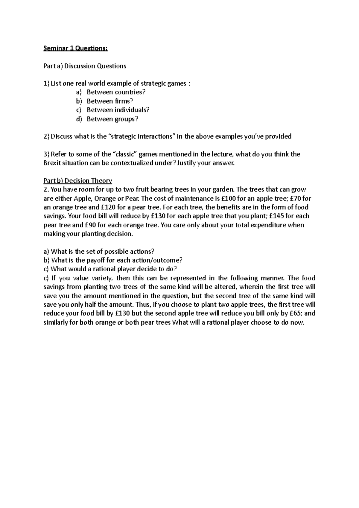 Seminar topic 2 Questions - Seminar 1 Questions: Part a) Discussion ...