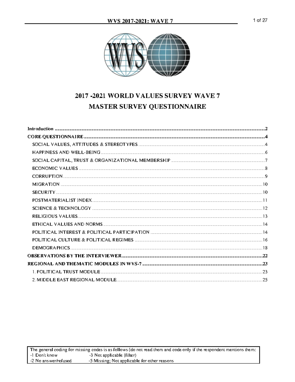 WVS-7 Master Questionnaire 2017-2020 English - The general coding for missing codes is as ...