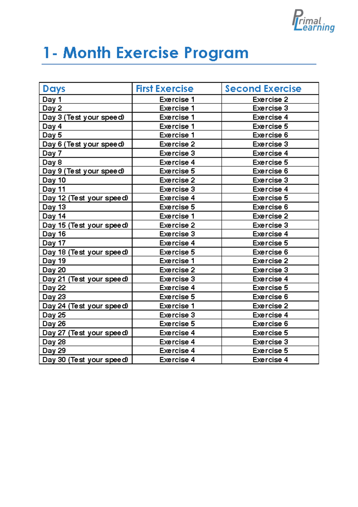 Exercise+Program - Primal learning - 1 - Month Exercise Program Day 1 ...