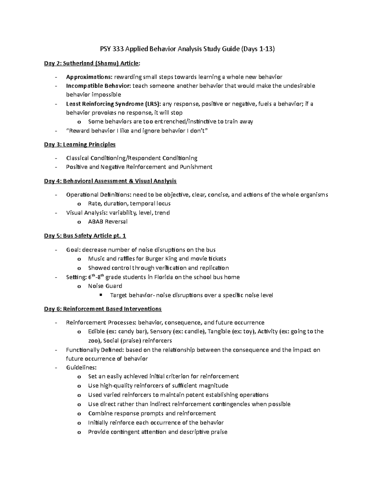PSY 333 Applied Behavior Analysis Study Guide #1 - PSY 333 - MSU - Studocu