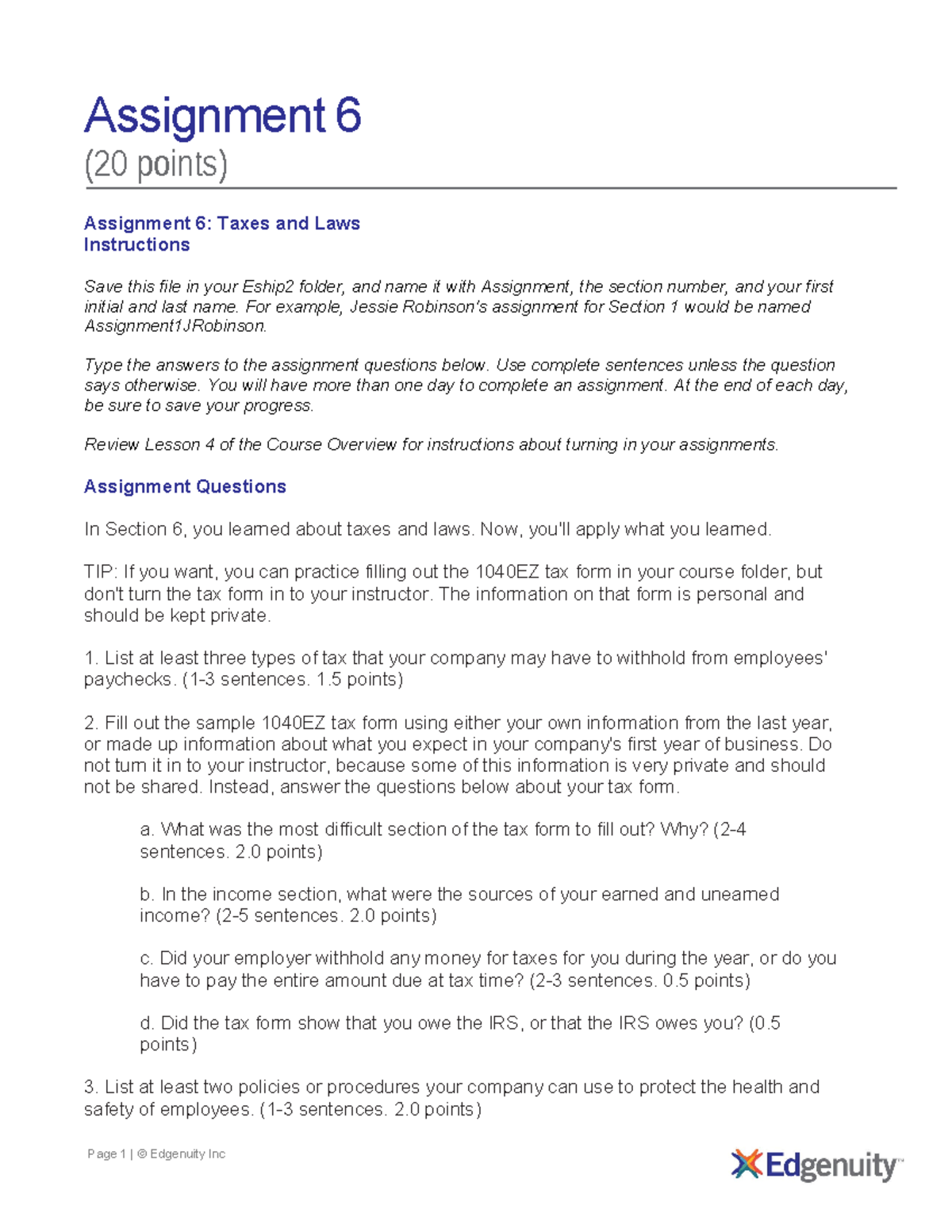 Assignment 6 - EL5725 - Page 1 | © Edgenuity Inc Assignment 6 (20 points) Assignment 6: Taxes ...