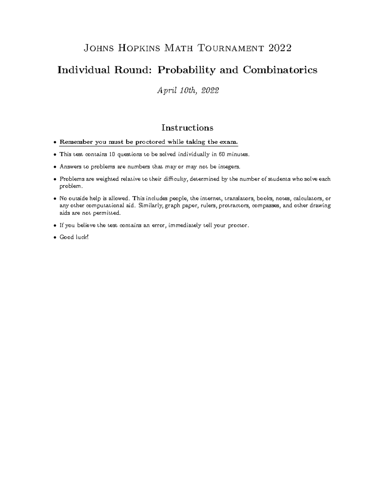 JHMT 2022 Probability and Combinatorics with Answer Key - Johns Hopkins ...