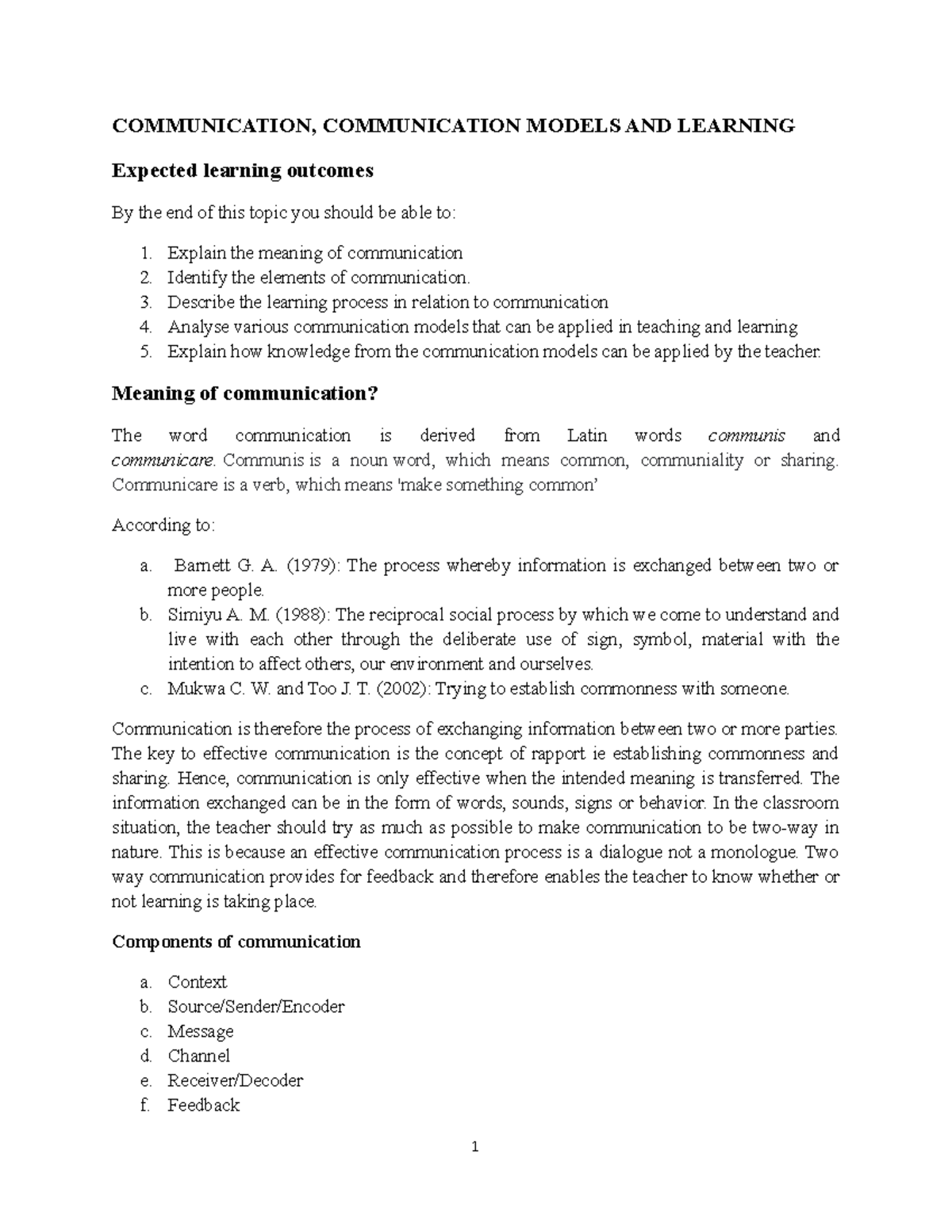 Communication Models AND Learning - COMMUNICATION, COMMUNICATION MODELS ...