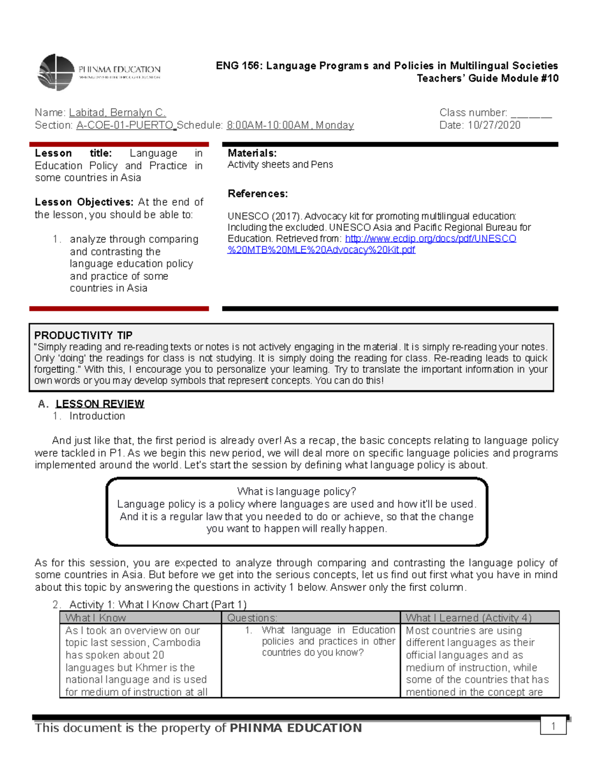 Labitad, Bernalyn C. (SAS10-ENG-156) - Teachers’ Guide Module # Name ...