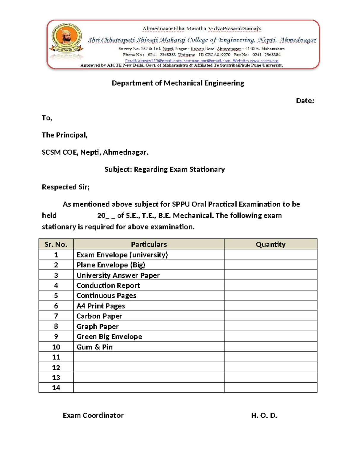 Stationary Requirement format - Department of Mechanical Engineering ...