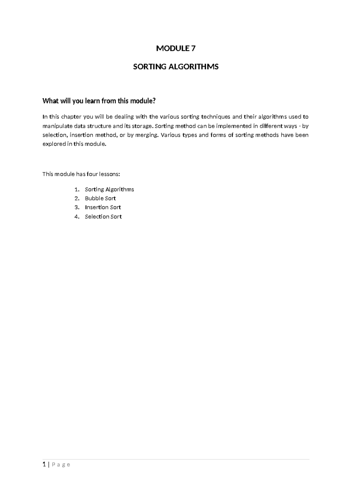 CC104 - Module 7 - Lecture for Data Structure - MODULE 7 SORTING ALGORITHMS What will you learn ...