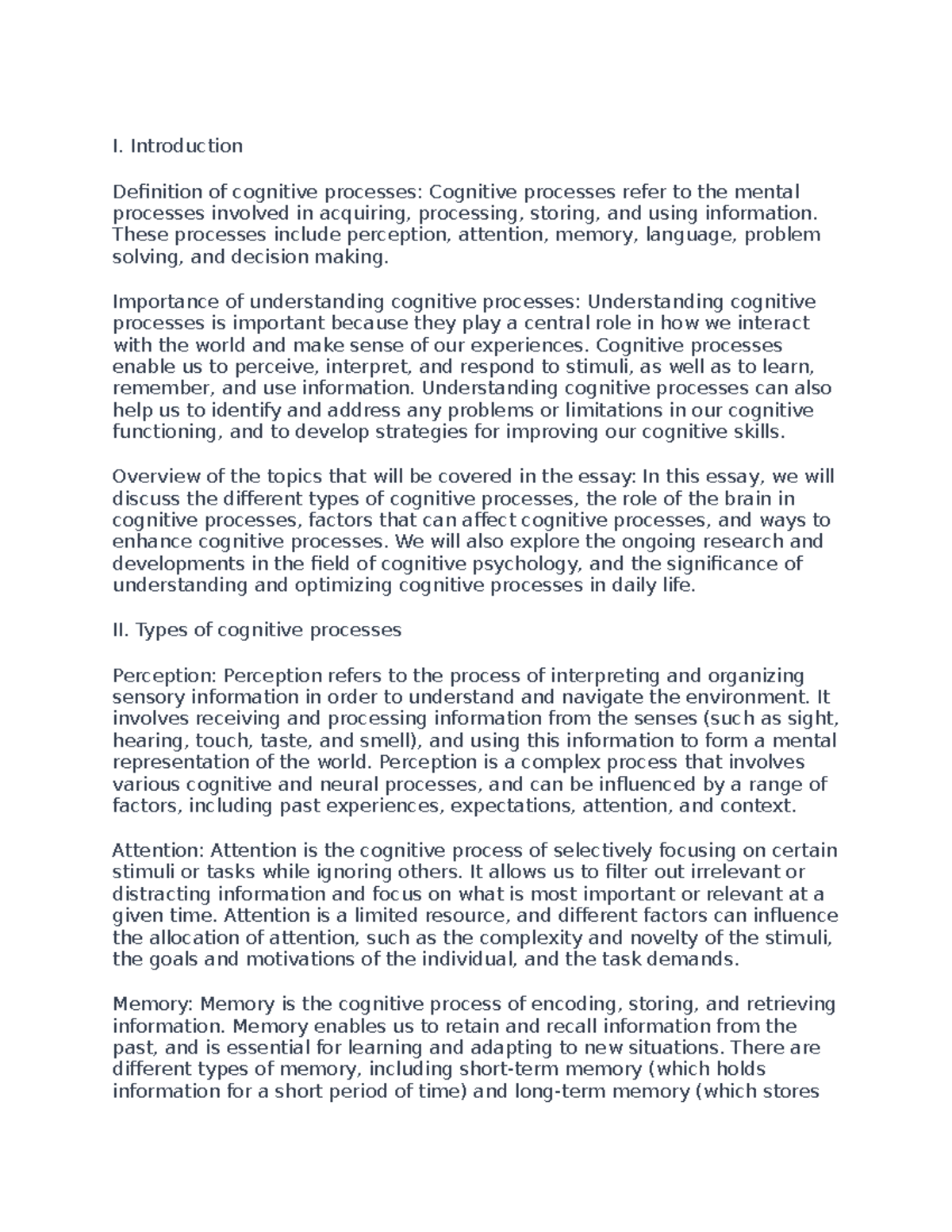 Cognitive Process - I. Introduction Definition of cognitive processes ...