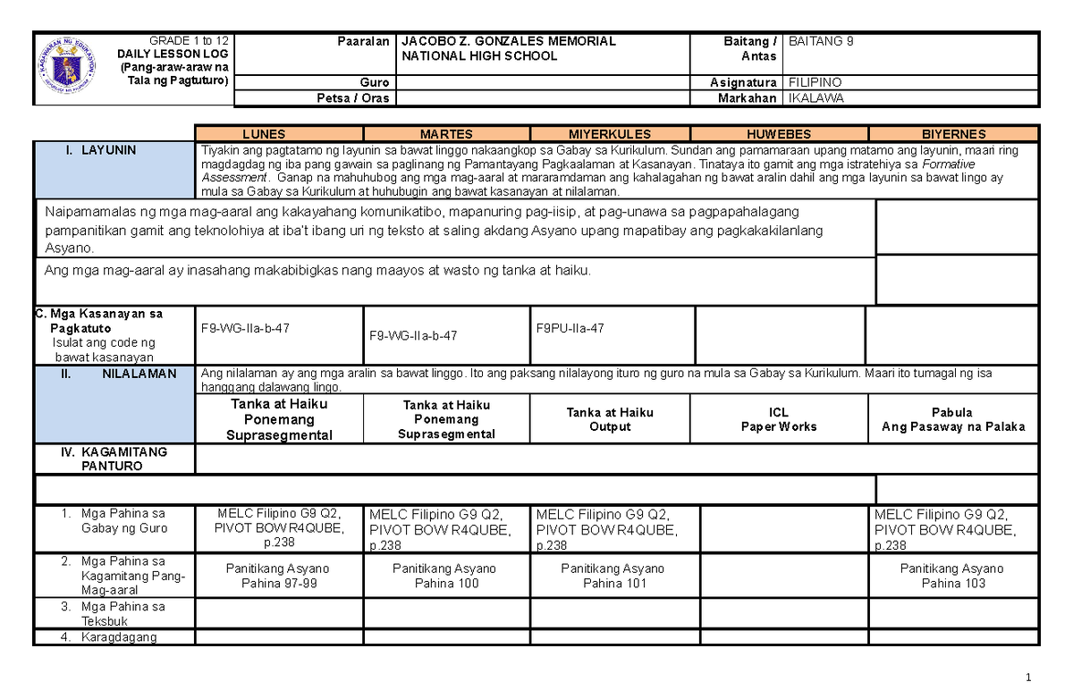 Grade 9 DLL WEEK2 - sample daily lesson log - GRADE 1 to 12 DAILY ...