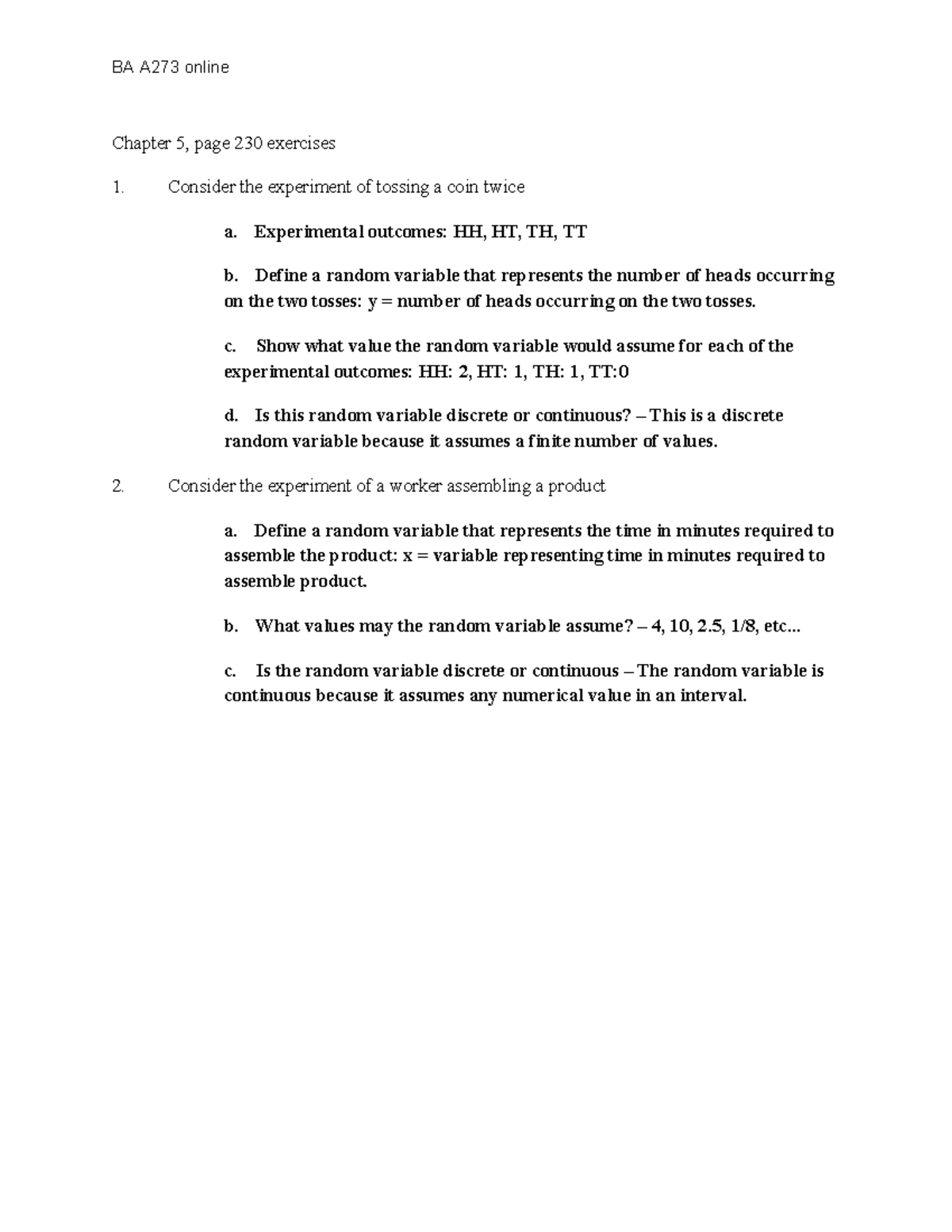 BA 273 - Chapter 5 HW-2 - BA A273 online Chapter 5, page 230 exercises Consider the experiment ...