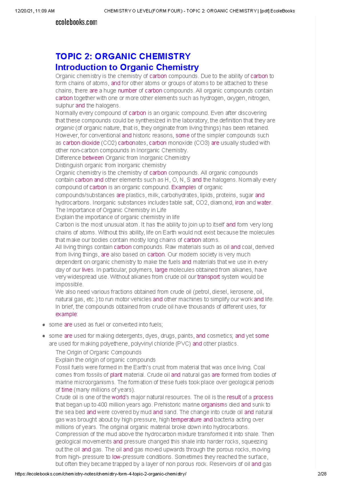 Chemistry O Level(FORM FOUR) - Topic 2 Organic Chemistry - ecolebooks ...