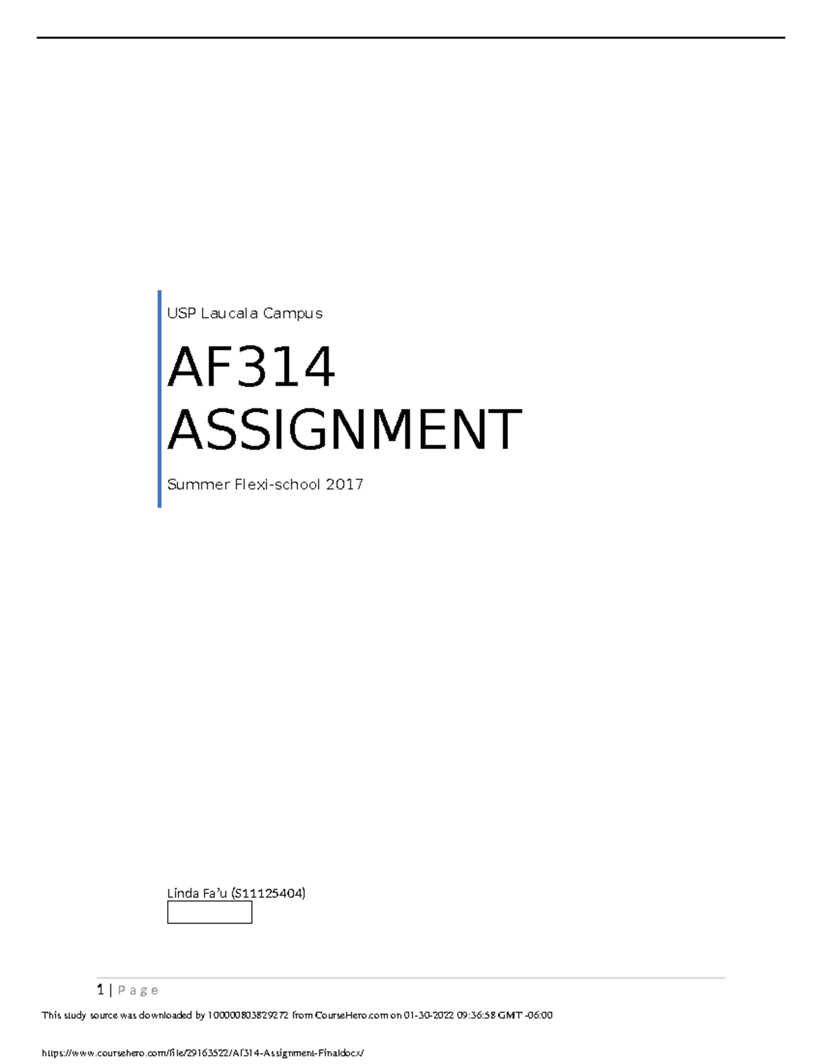 Af314 Assignment Final - 1 | P a g e USP Laucala Campus AF ASSIGNMENT ...