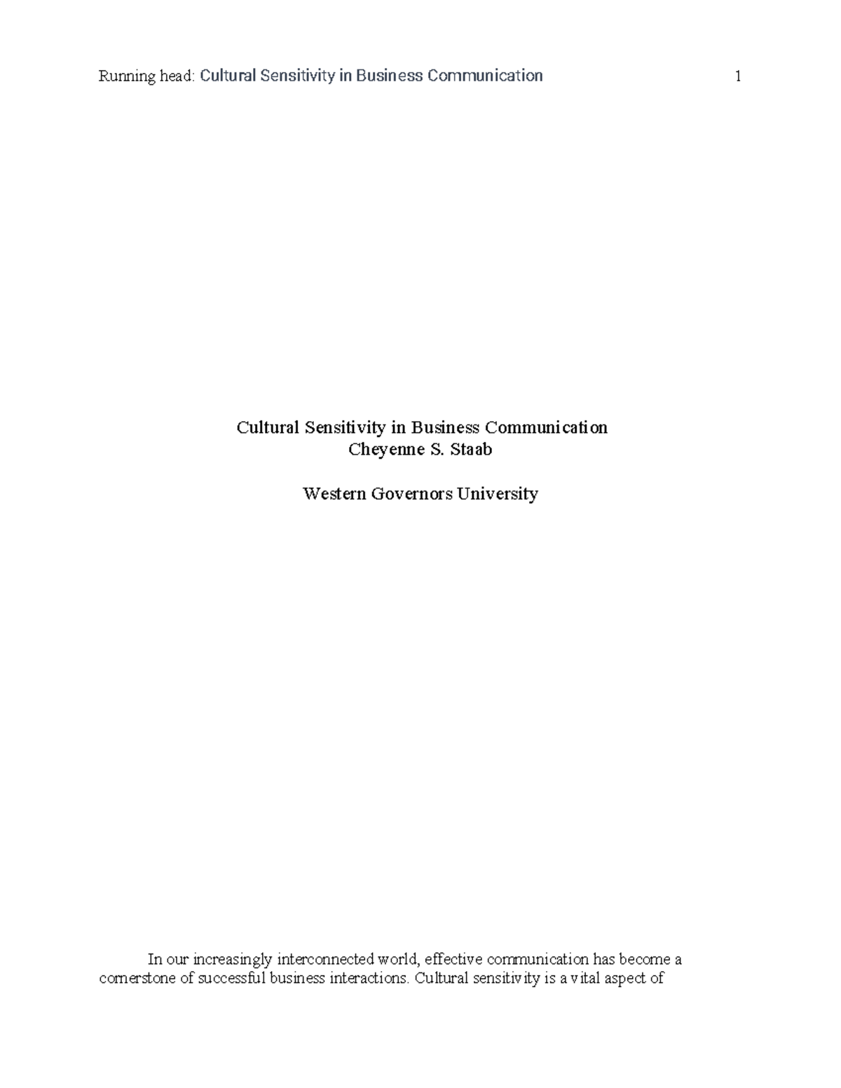 Cultural sensitivity essay - Running head: Cultural Sensitivity in ...