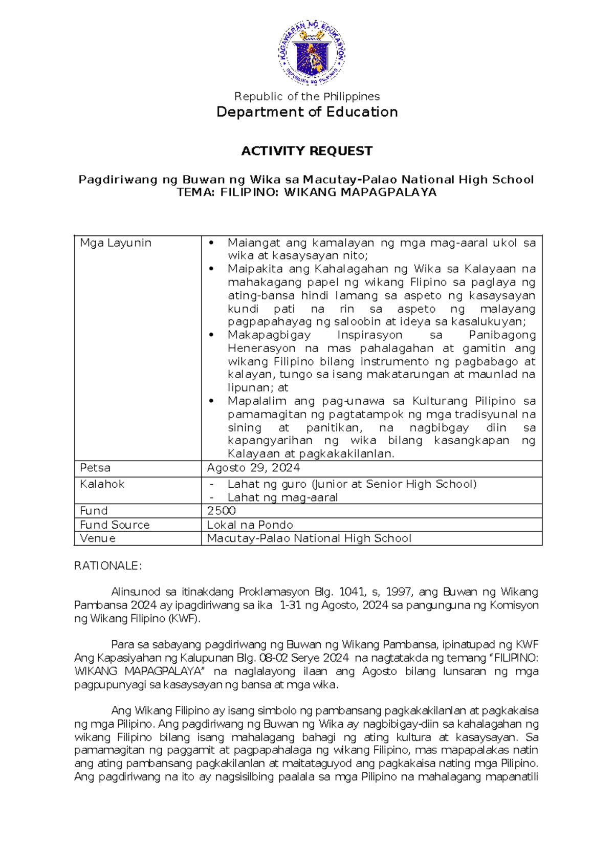 Activity Request 2024 Buwan NG WIKA - Department of Education ACTIVITY ...