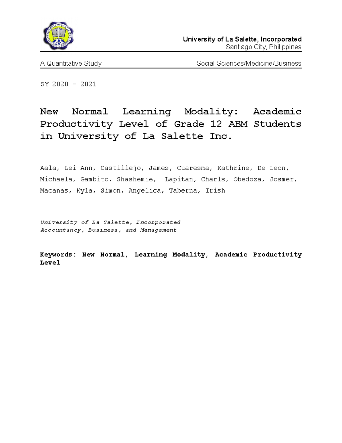 12 ABM 2 Group 3 EXAM - nanananana - University of La Salette ...