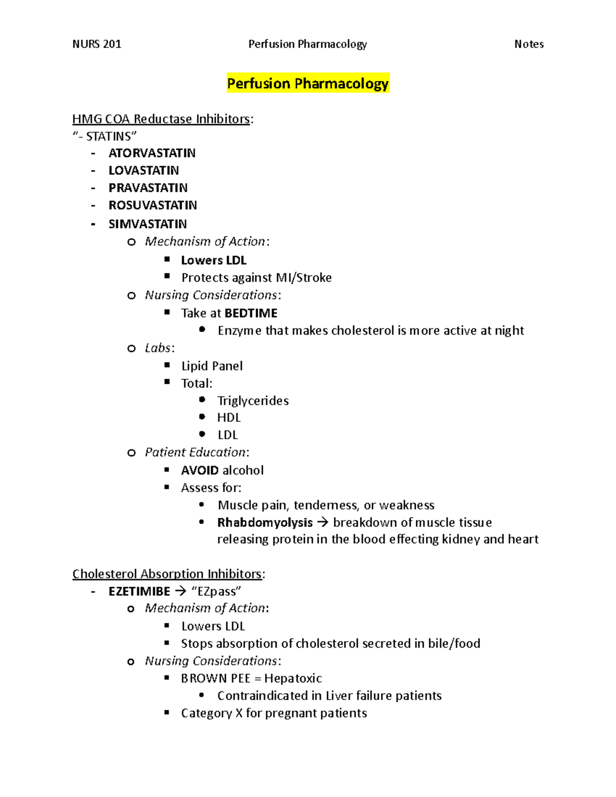 Perfusion Pharmacology Outline Notes - Perfusion Pharmacology HMG COA ...