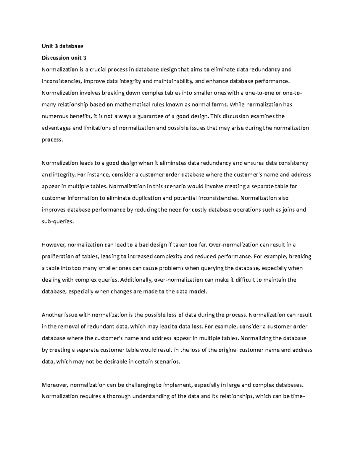Group 4 assignment - practice - Unit 3 database Discussion unit 3 Normalization is a crucial ...