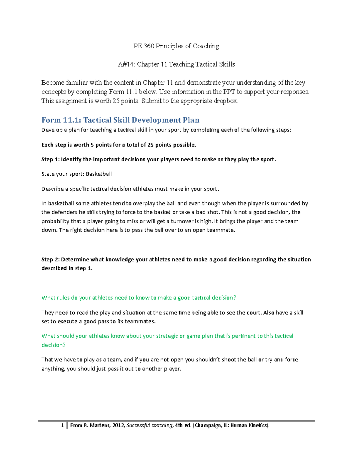 A#14 Chapter 11 Teaching Tactical Skills - PE 360 Principles of ...