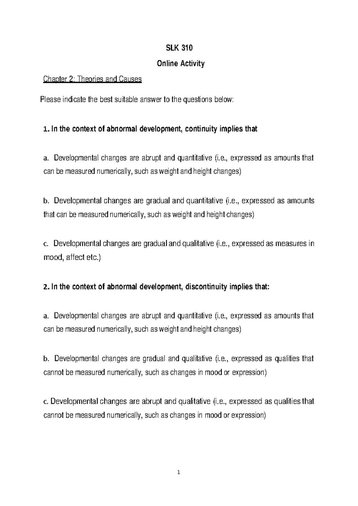Chapter 2 Theories and Causes Online Activity - 1 SLK 310 Online Activity Chapter 2: Theories ...