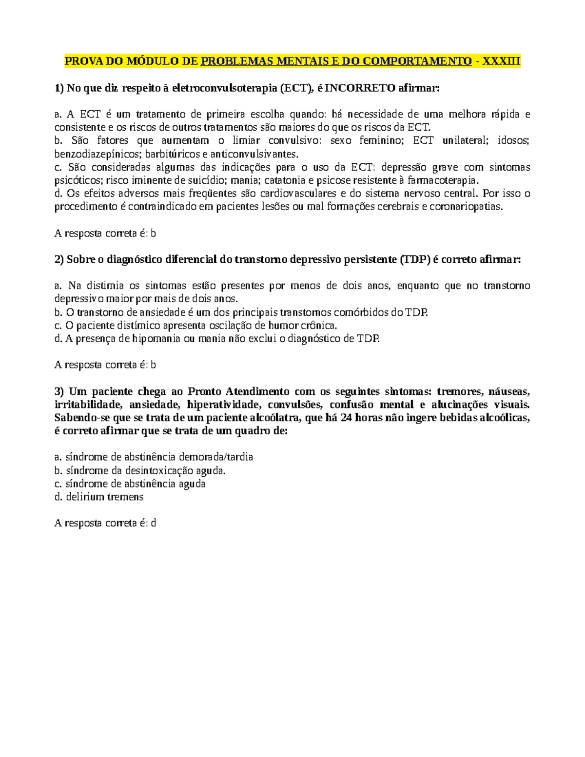 Prova DO MÓDULO DE Problemas Mentais E DO Comportamento - Xxxiii - PROVA DO MÓDULO DE PROBLEMAS ...