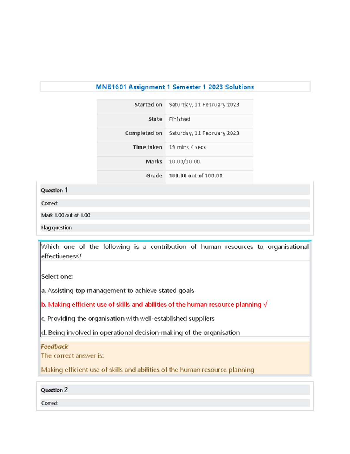 Document - Memo - MNB1601 Assignment 1 Semester 1 2023 Solutions Started on Saturday, 11 ...
