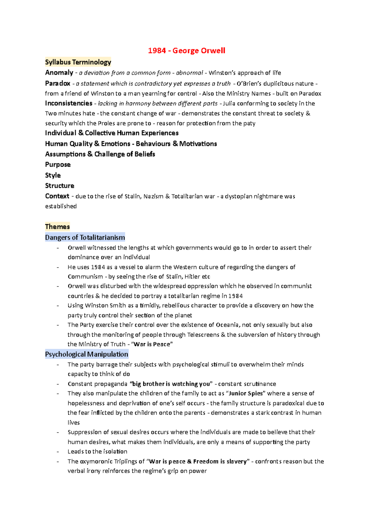 Detailed Note on 1984 - Common Module Texts and Human Experiences ...