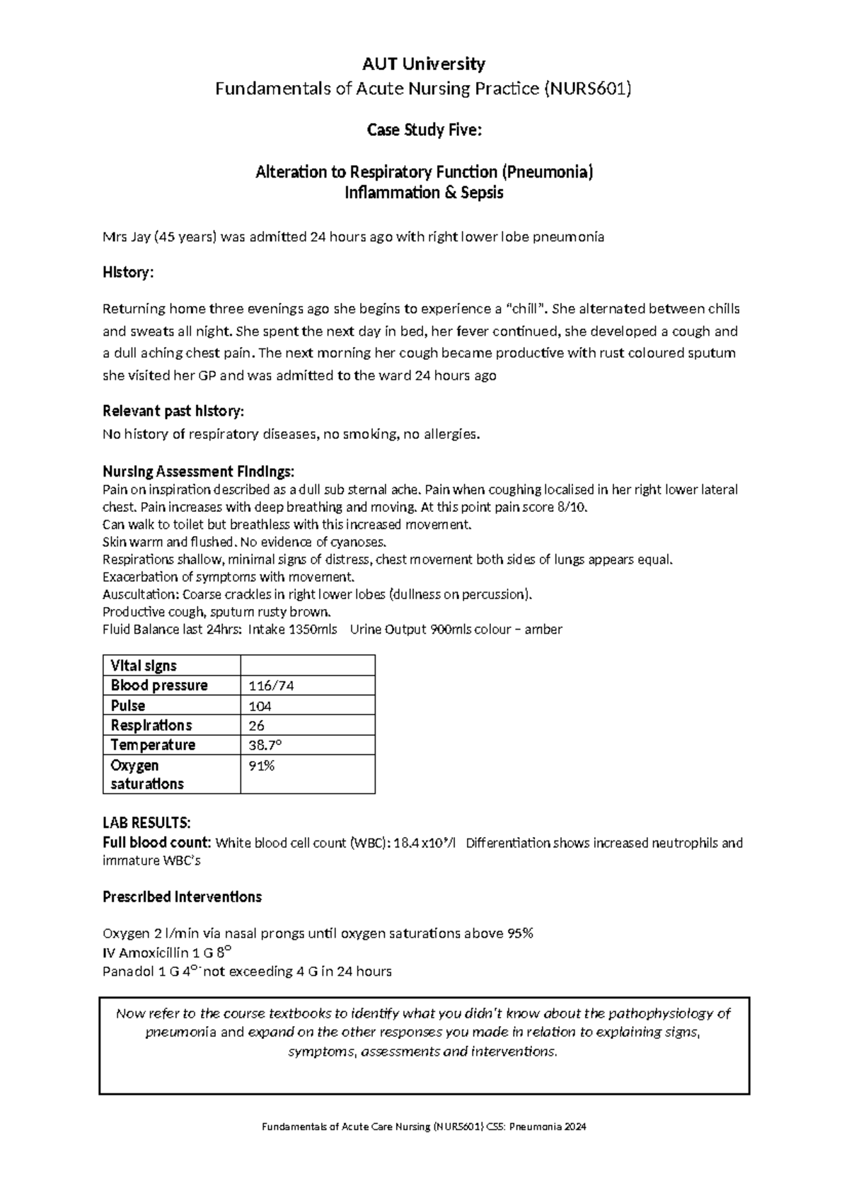 Case study - Pneumonia 2024 - AUT University Fundamentals of Acute ...