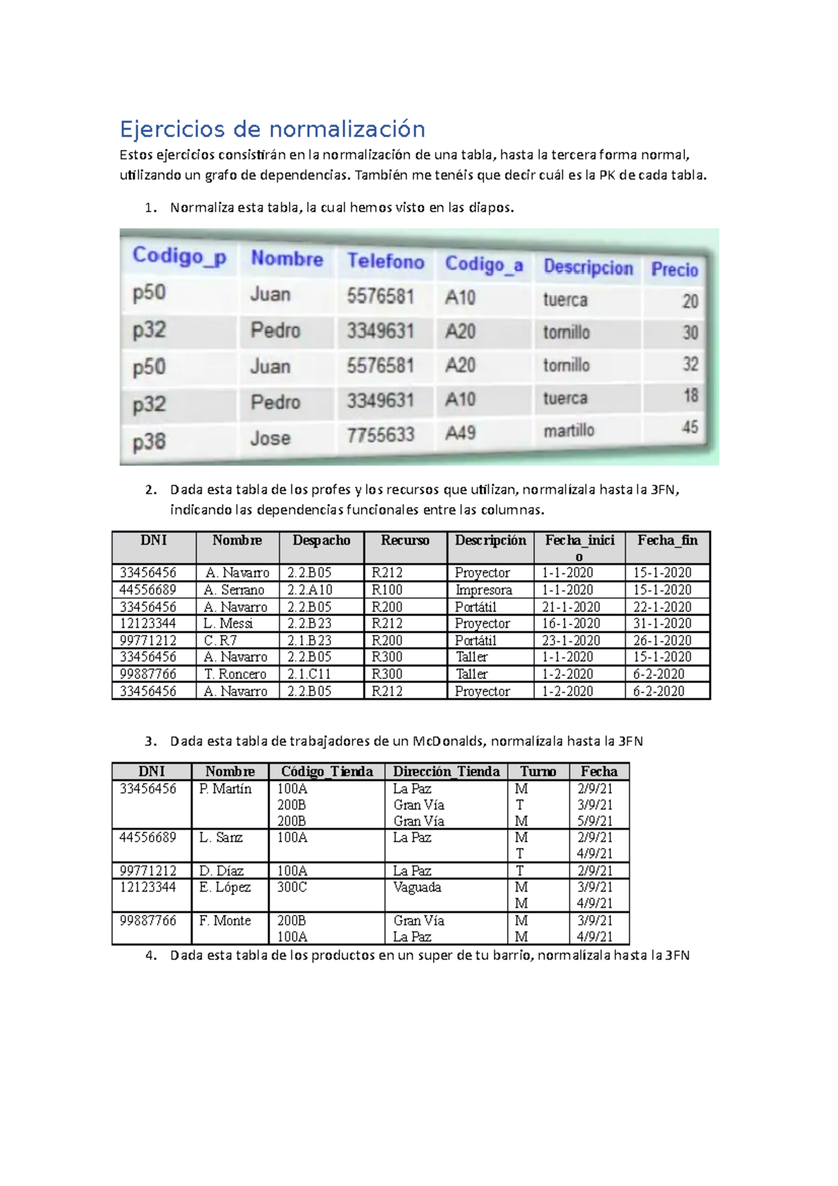 Ejercicios Normalización - Ejercicios de normalización Estos ejercicios consistirán en la - Studocu