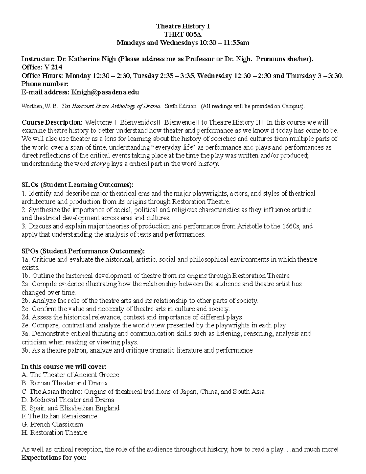 PCC Theater History Syllabus - THRT001 - PCC - Studocu