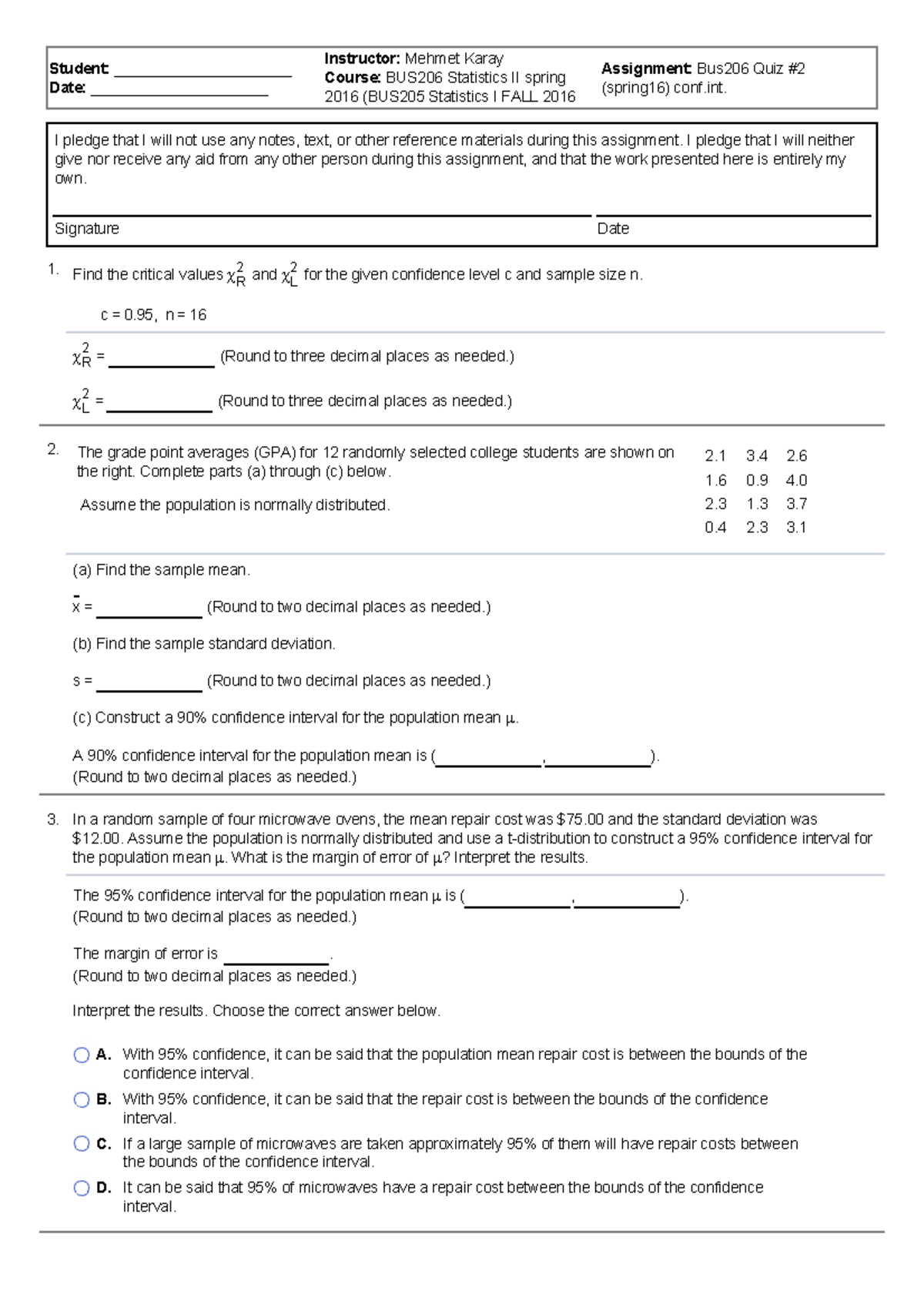 Bus206 Quiz #2 (spring 16) conf.int. t1 - Student ...