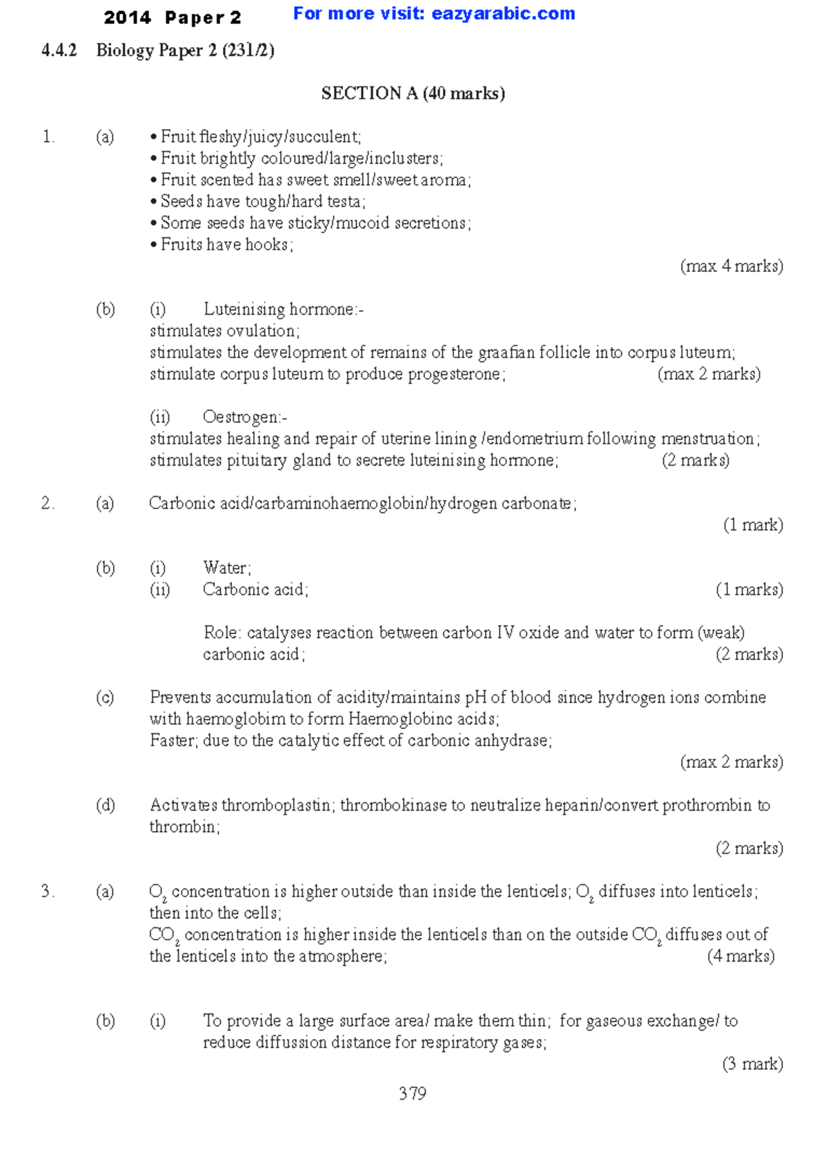 2014 KCSE Biology MS PP2 - 4.4 Biology Paper 2 (231/2) SECTION A (40 ...