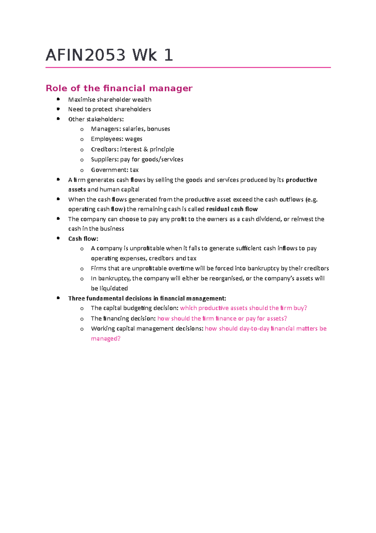 AFIN2053 Wk 1 - Lecture notes 1 - AFIN2053 Wk 1 Role of the financial ...