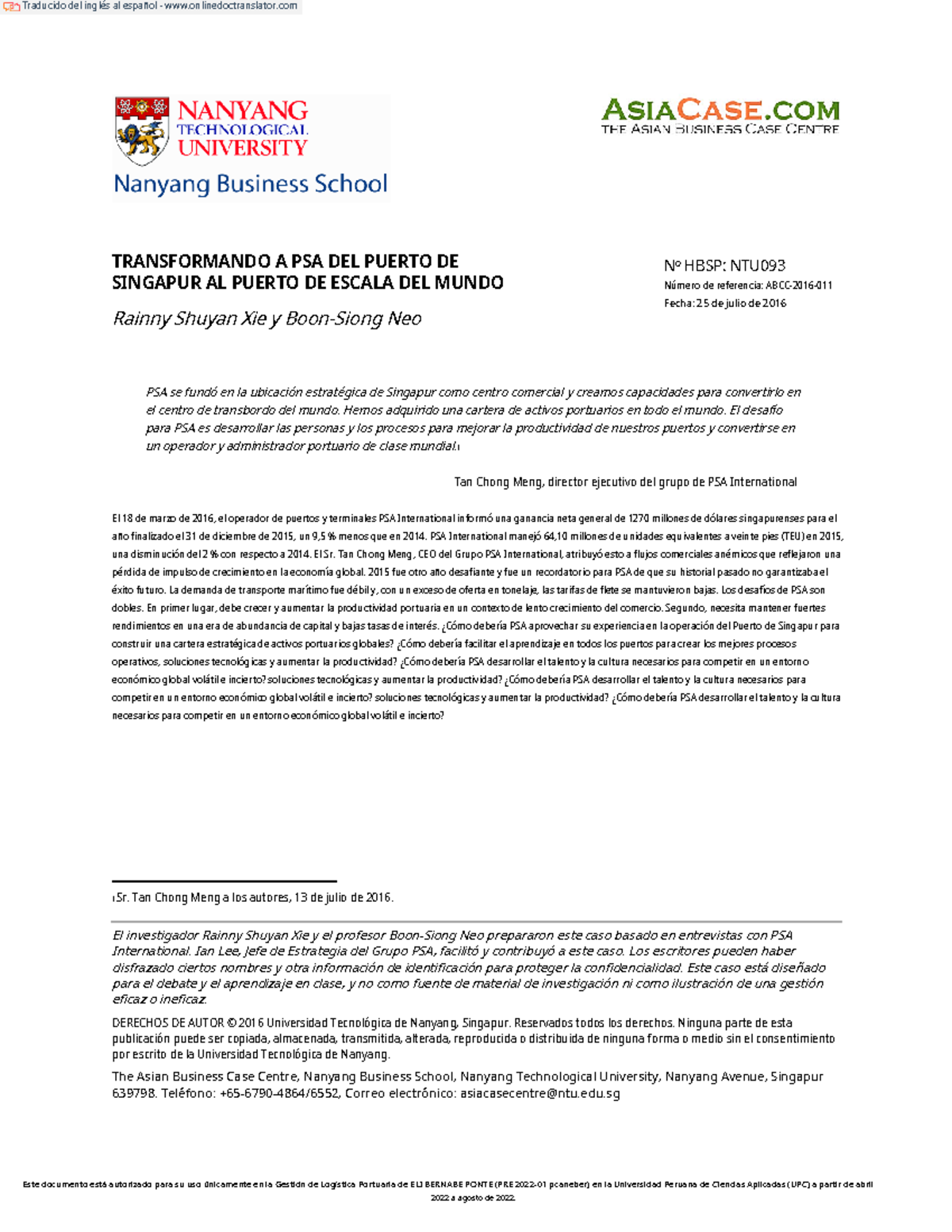 Caso pa3 español - TRANSFORMANDO A PSA DEL PUERTO DE SINGAPUR AL PUERTO DE ESCALA DEL MUNDO Nº ...