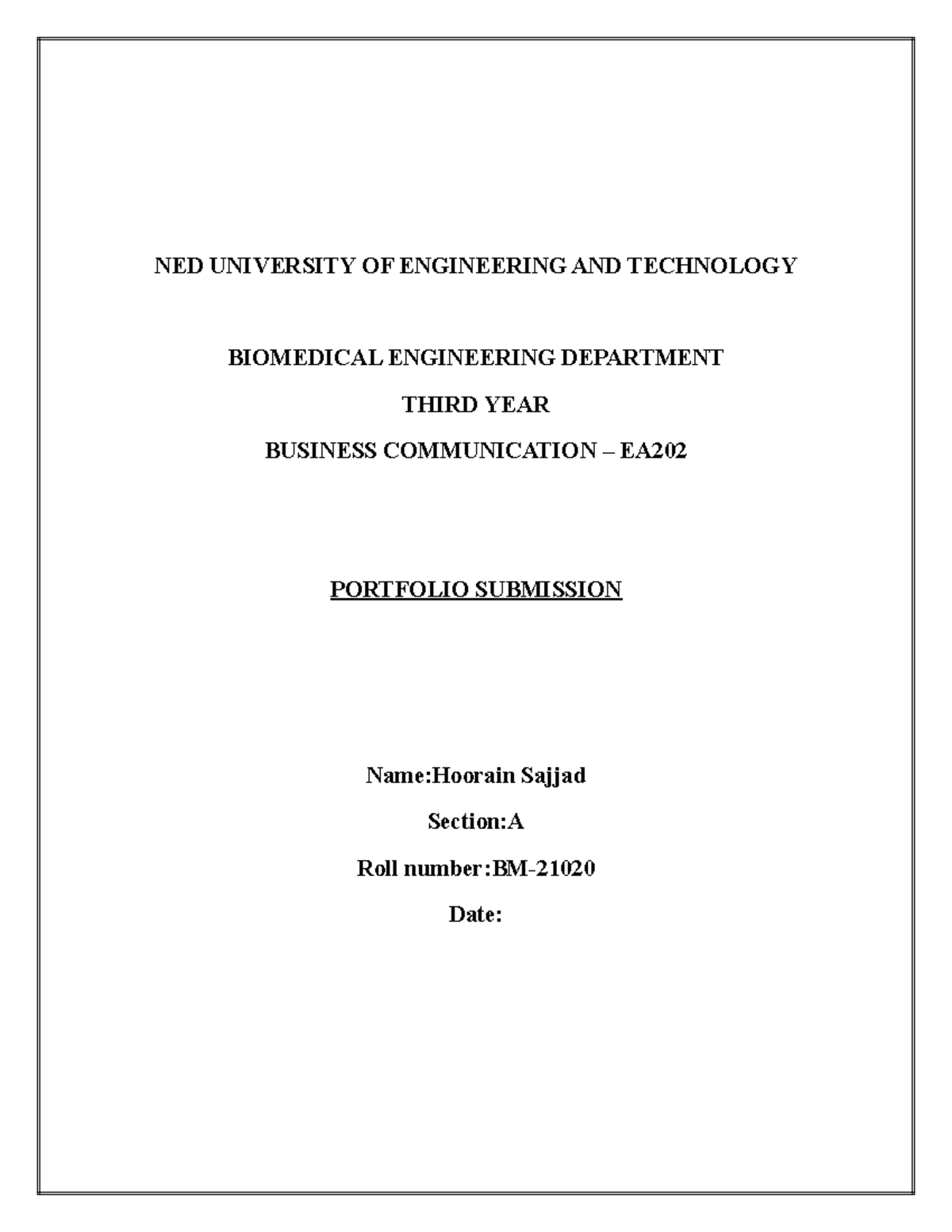 my own business communication assignment - NED UNIVERSITY OF ENGINEERING AND TECHNOLOGY ...