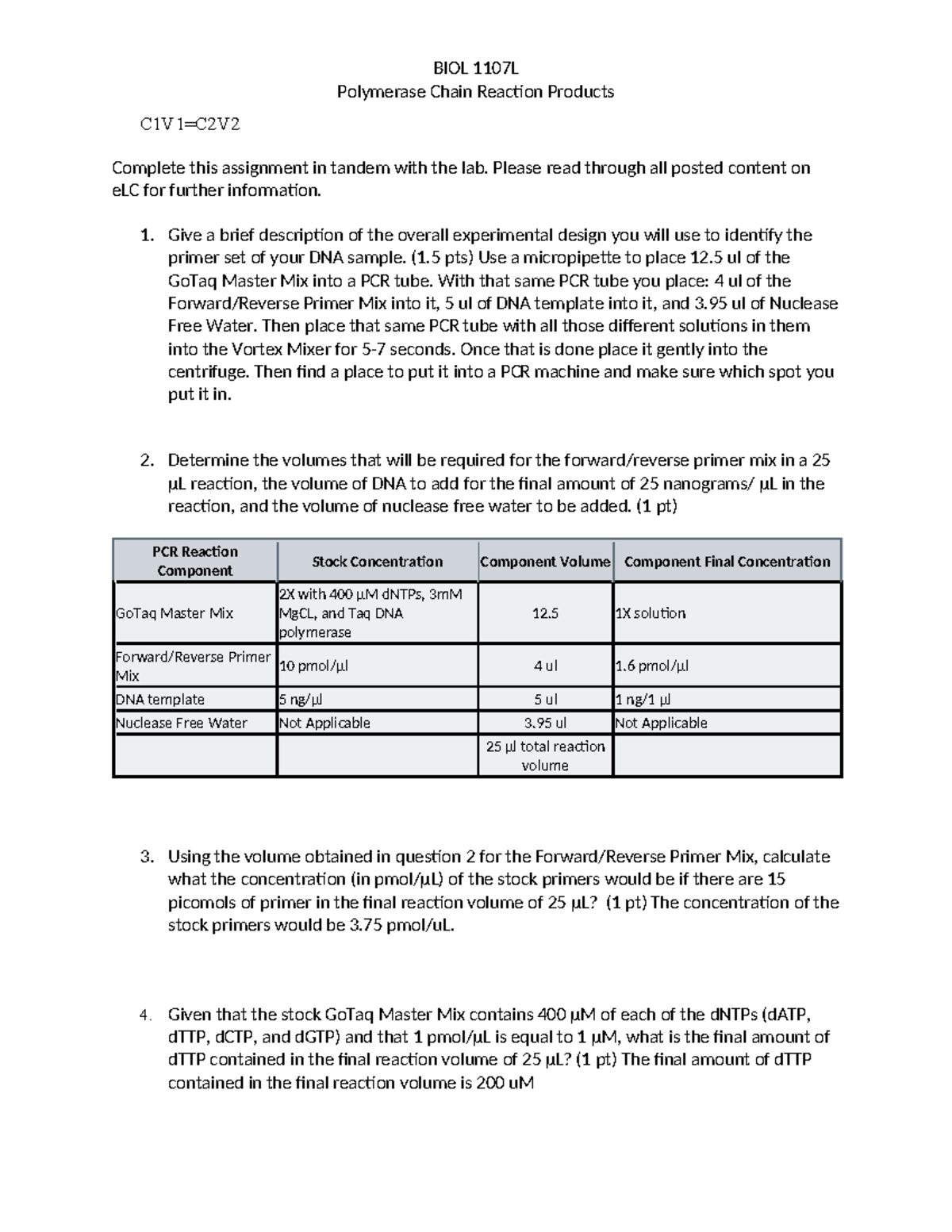 BIOL 1107L Polymerase Chain Reaction Products - BIOL 1107L Polymerase ...